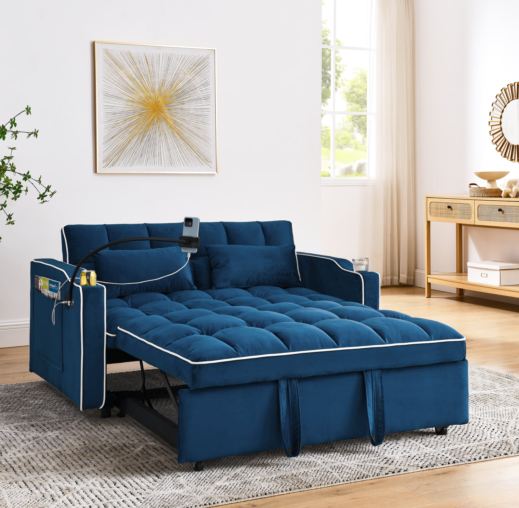 FFH 3-in-1 Convertible Loveseat Sleeeper, Futon Sofa Bed with Phone Stand & USB, Pull Out Sofa ...