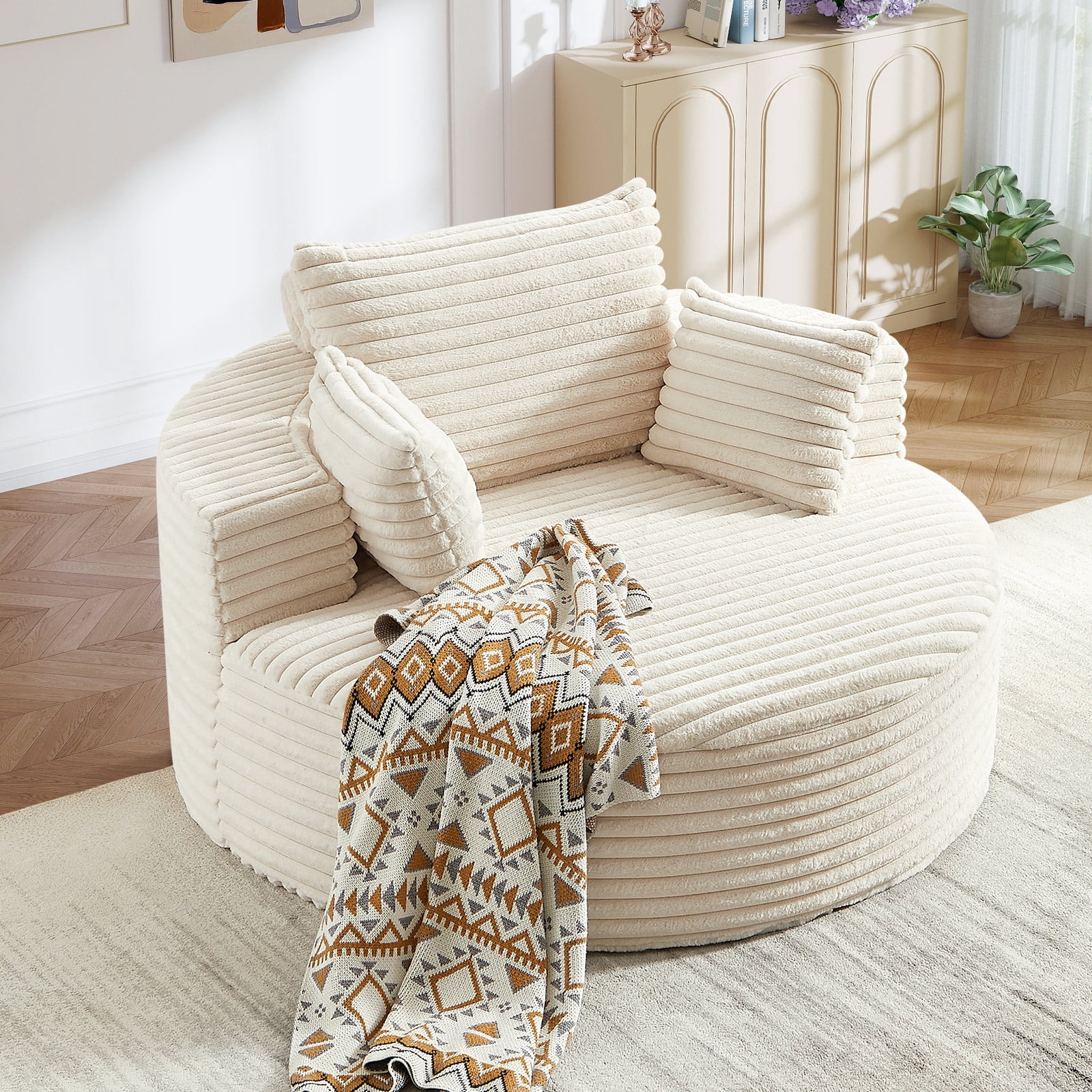 FFH 55" Oversized Round Chaise Lounge Chair, Cloud Lazy Sofa with ...