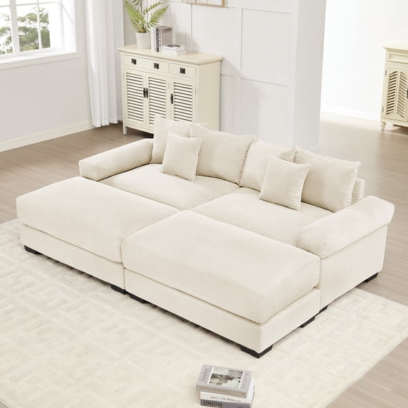 FFH 92" Oversized Loveseat with Ottoman, Corduroy Sleeper Sofa, Cloud ...