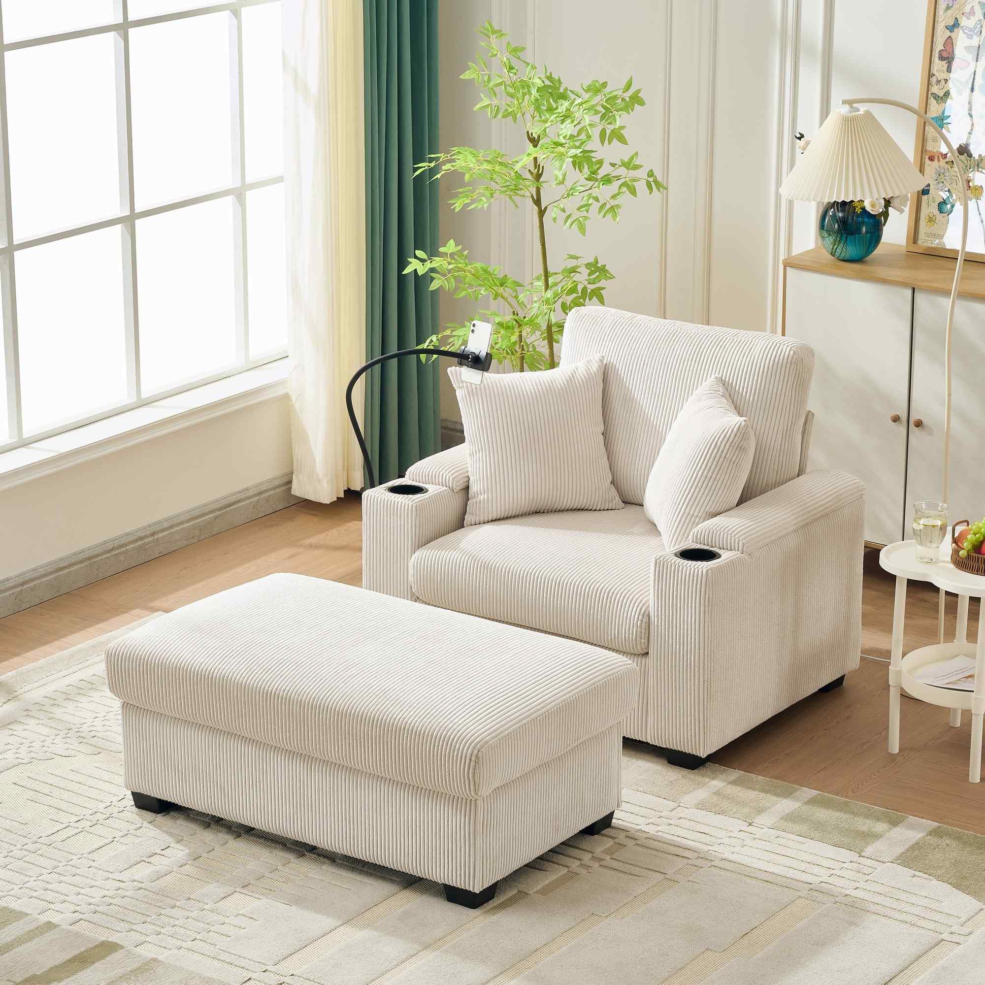 FFH Accent Chair with Storage Ottoman, Corduroy Lounge Chair with Cup ...