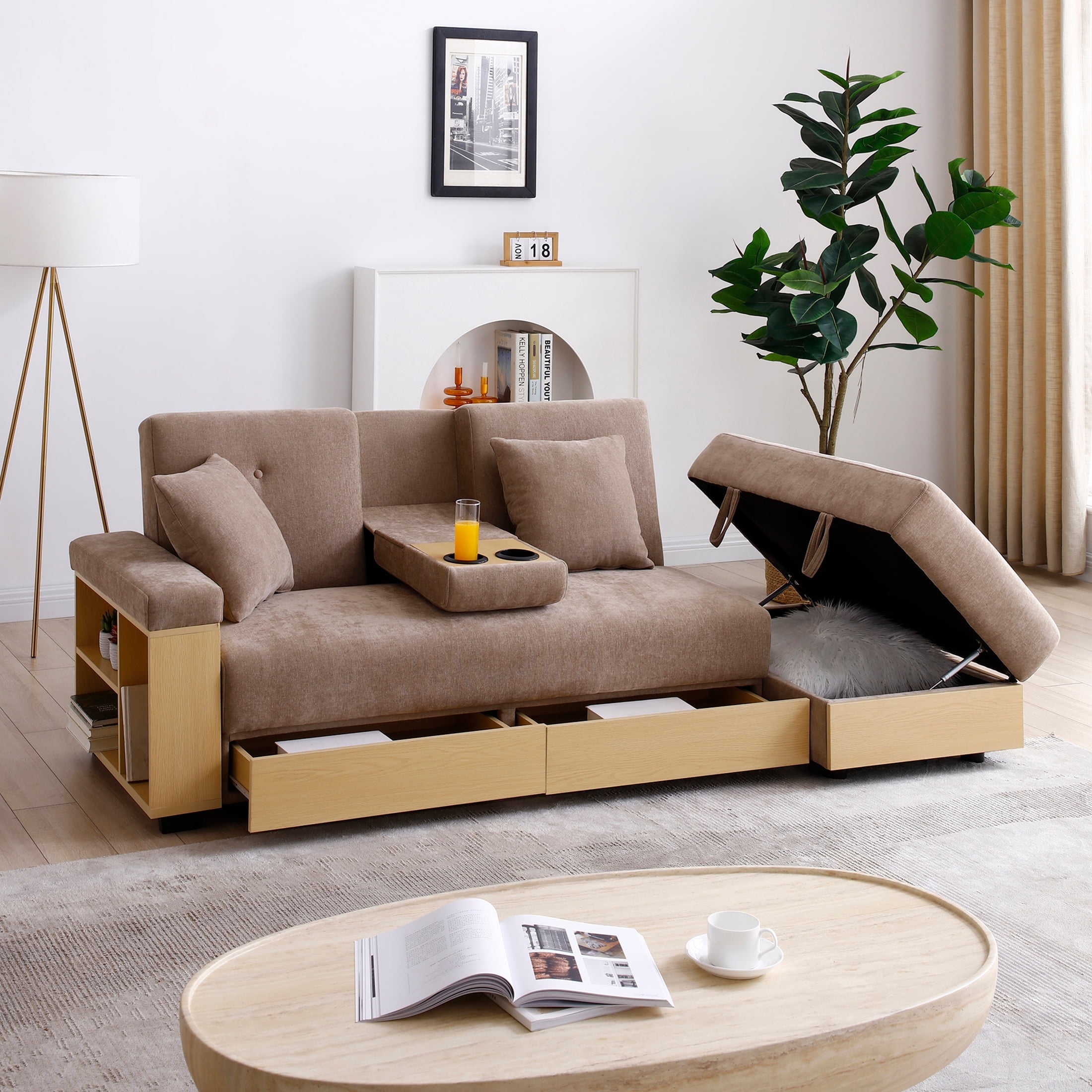 FFH Convertible Sleeper Sofa with Storage Box and Drawers, Reversible ...