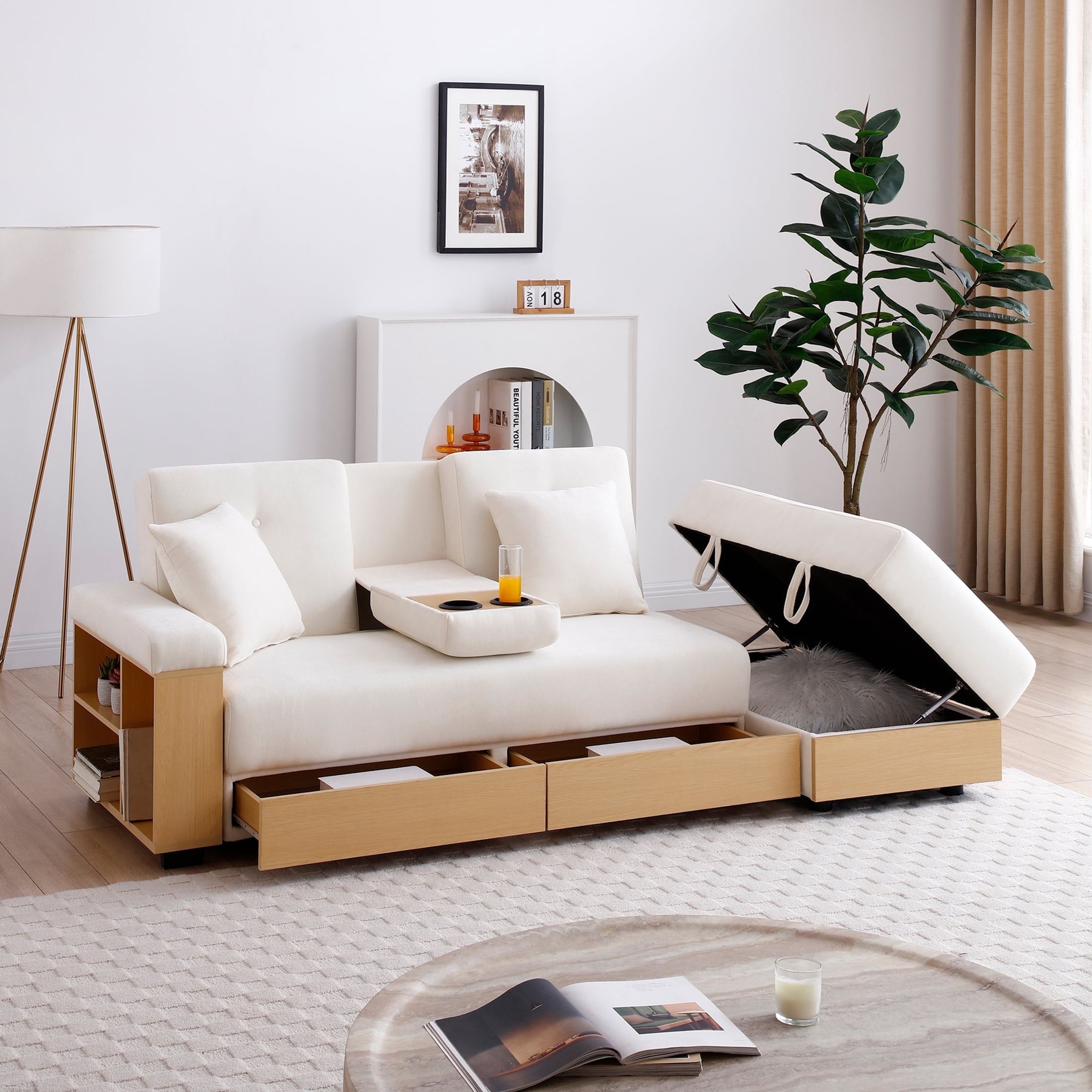 FFH Convertible Sleeper Sofa with Storage Box and Drawers, Reversible ...