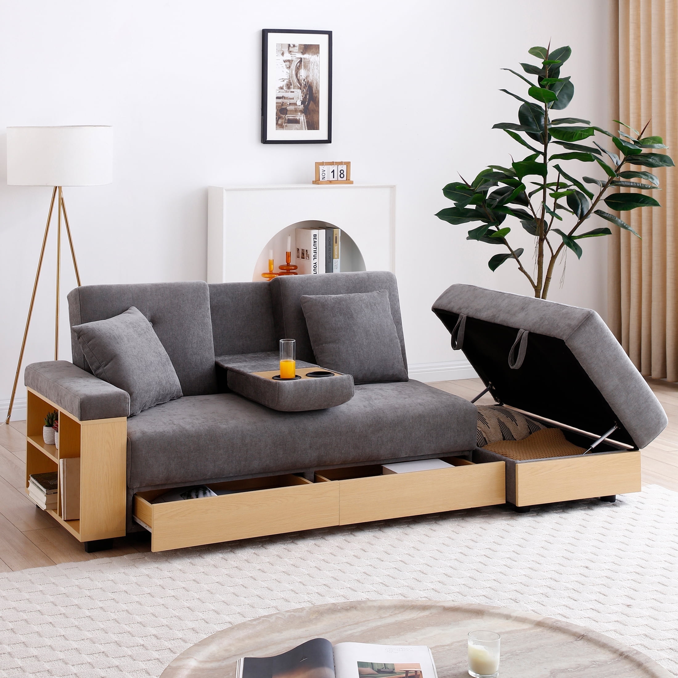 FFH Convertible Sleeper Sofa with Storage Box and Drawers, Reversible ...