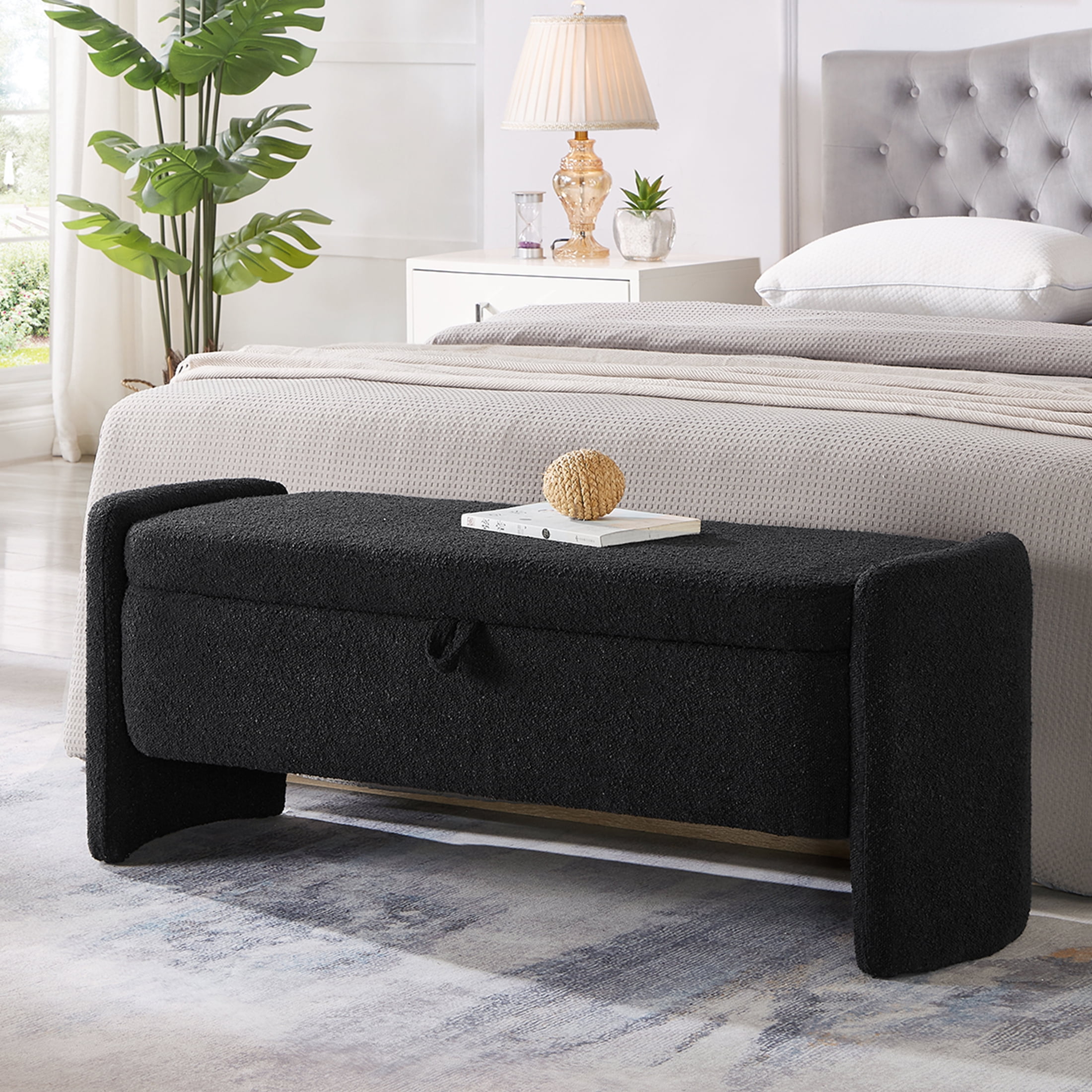 FFH Storage Ottoman Bench, Modern Teddy Fabric Entryway Ottoman with ...