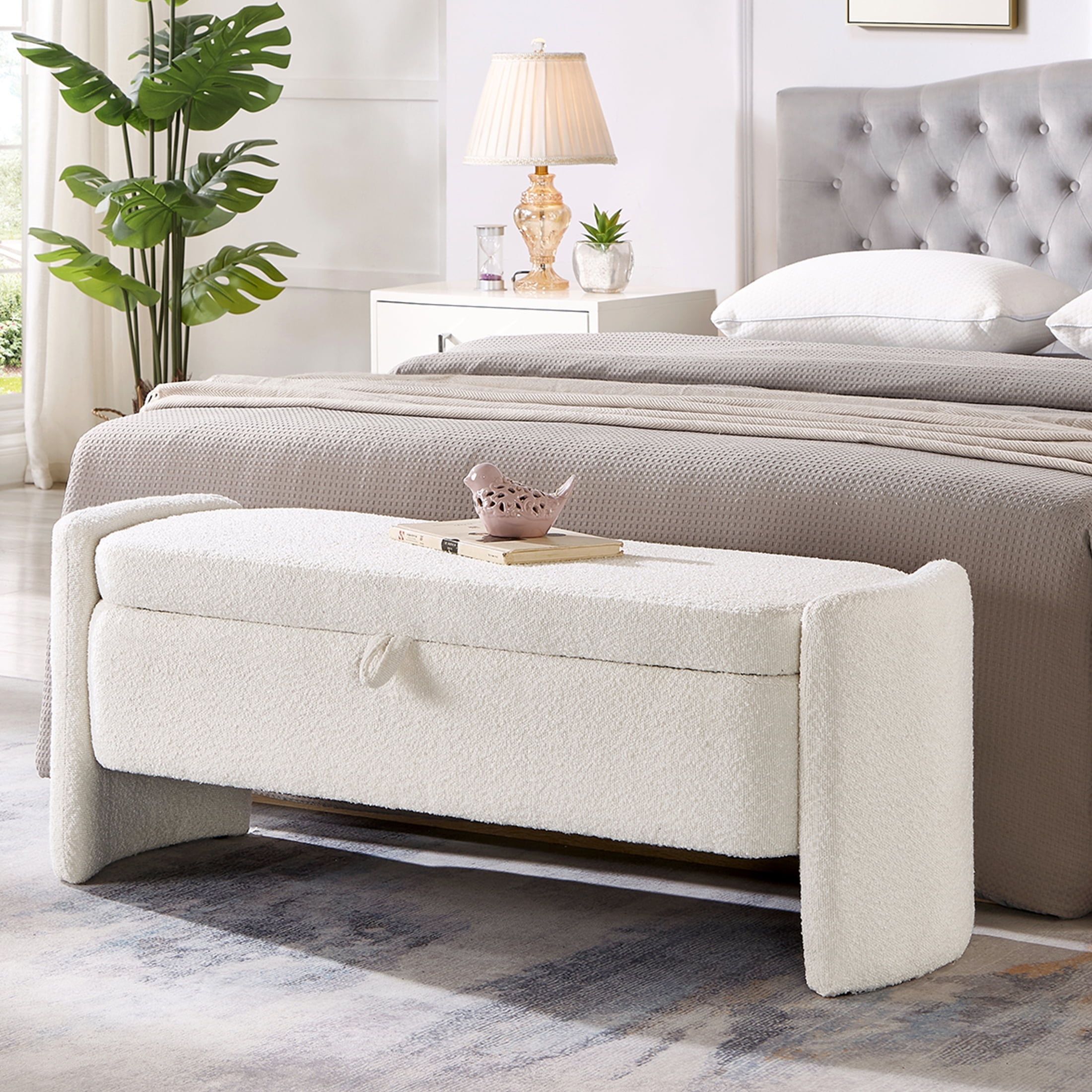 FFH Storage Ottoman Bench, Modern Teddy Fabric Entryway Ottoman with ...