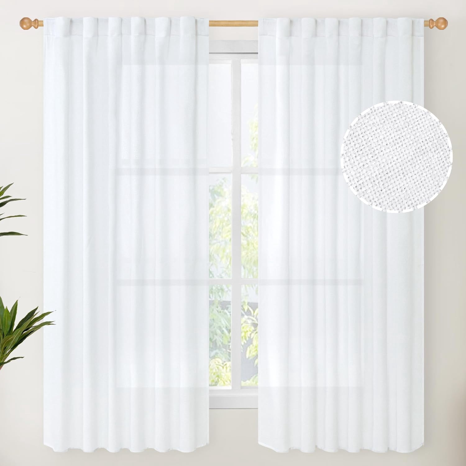 FFHAAD-63 Inch Length White Linen Curtains 2 Panels for Living Room ...