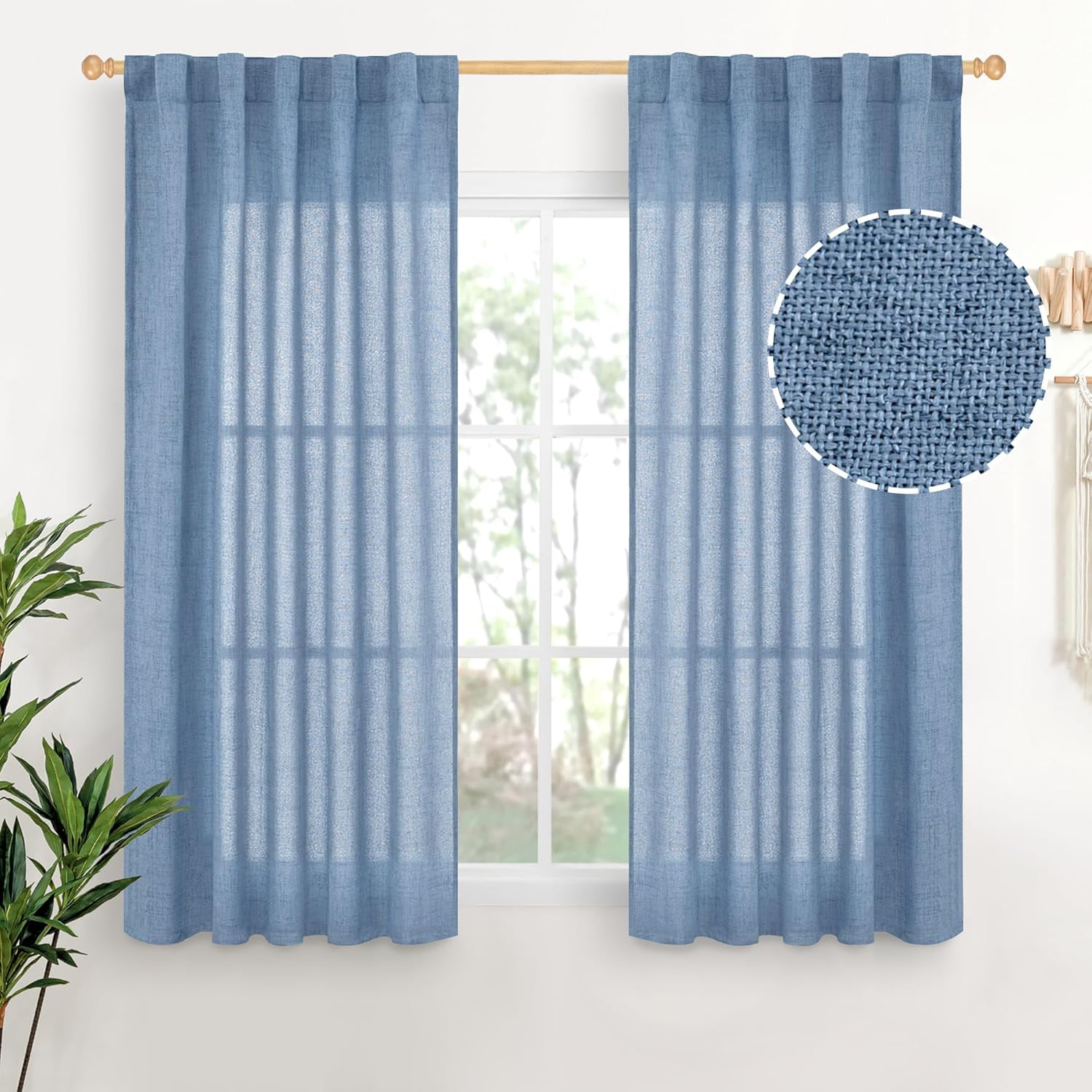 FFHAAD-Denim Blue Linen Curtains 45 Inches Length for Kitchen Window ...