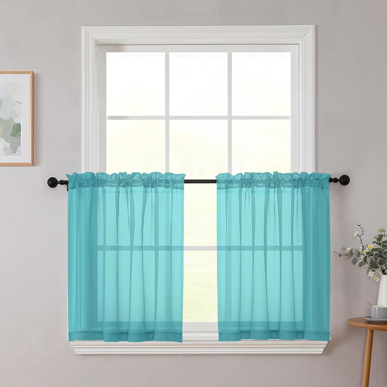 FFHAAD-Kitchen Curtains 24 Inch Length Tier 2 Pieces, Turquoise Sheer ...