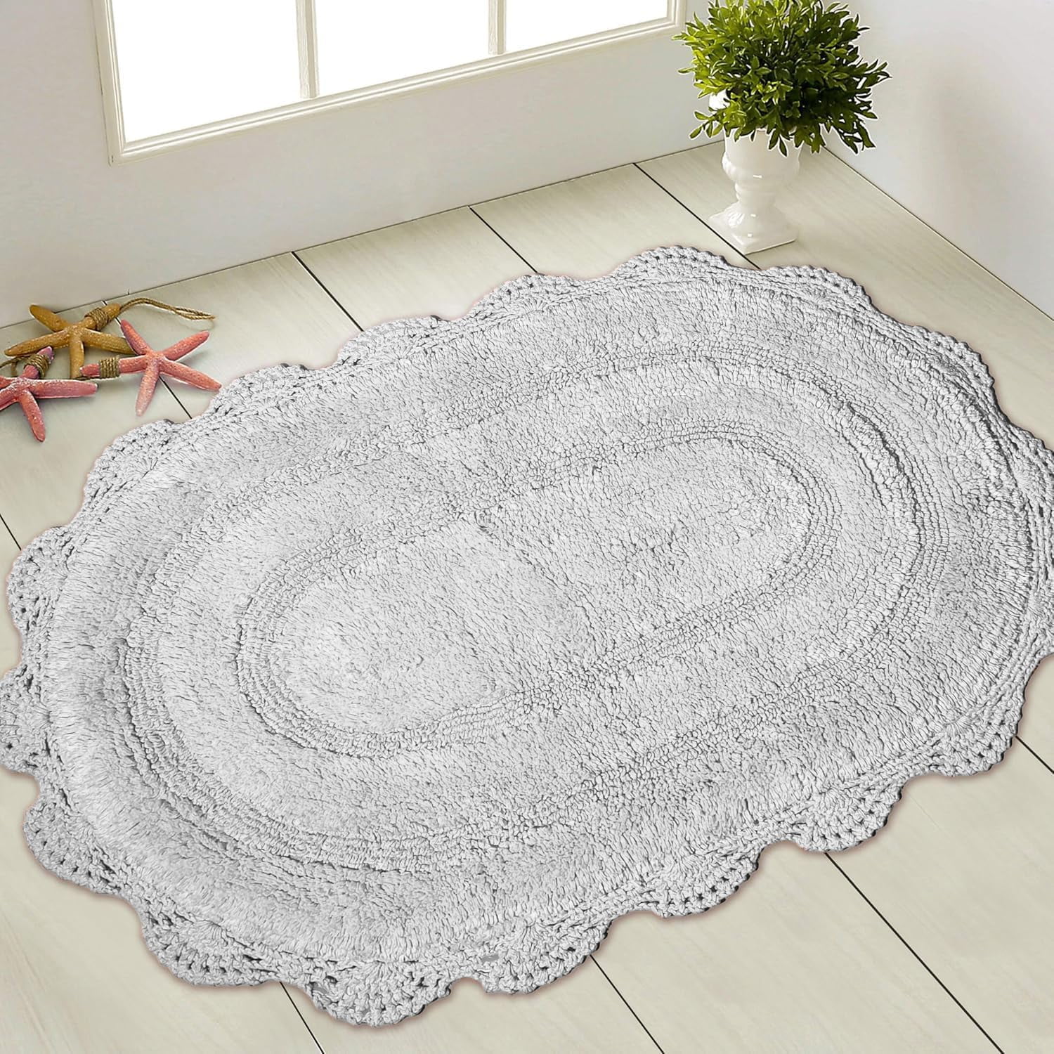 FFHAAD-Light Grey Crochet Bathrug, 100% Cotton Oval bathmat with ...