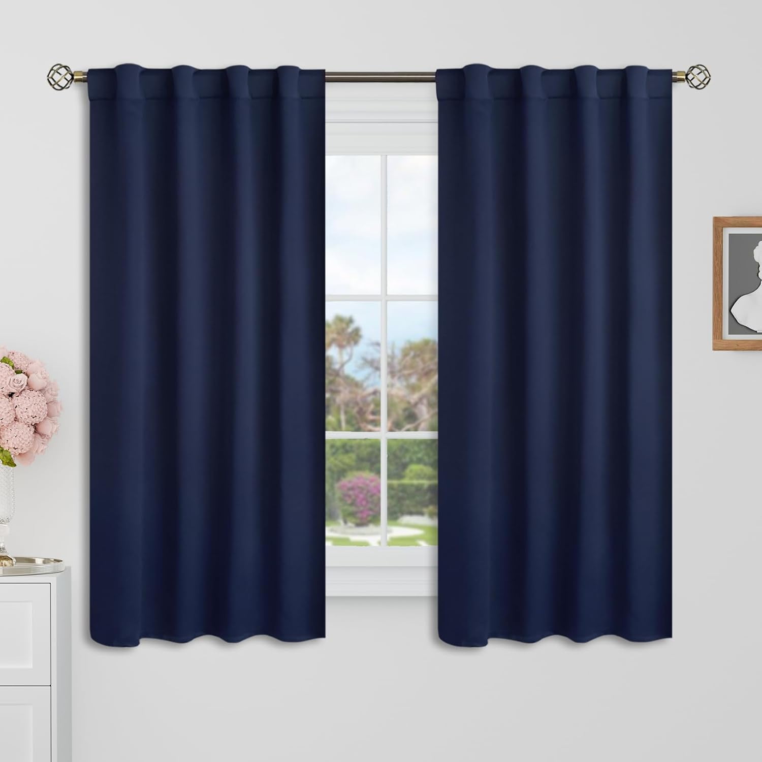 FFHAAD-Navy Blue Cafe Curtains 48 Inch Length- 34 x 48 inch Rod Pocket ...
