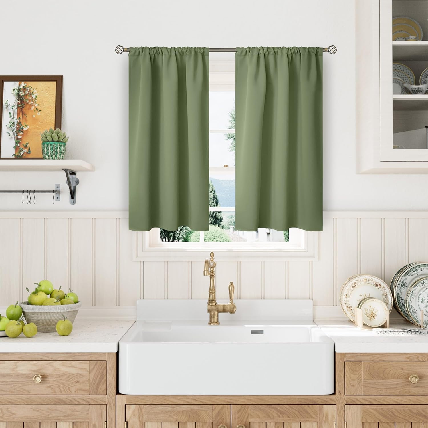 FFHAAD-Olive Green Blackout Kitchen Curtains 45 Inches Long - Short ...