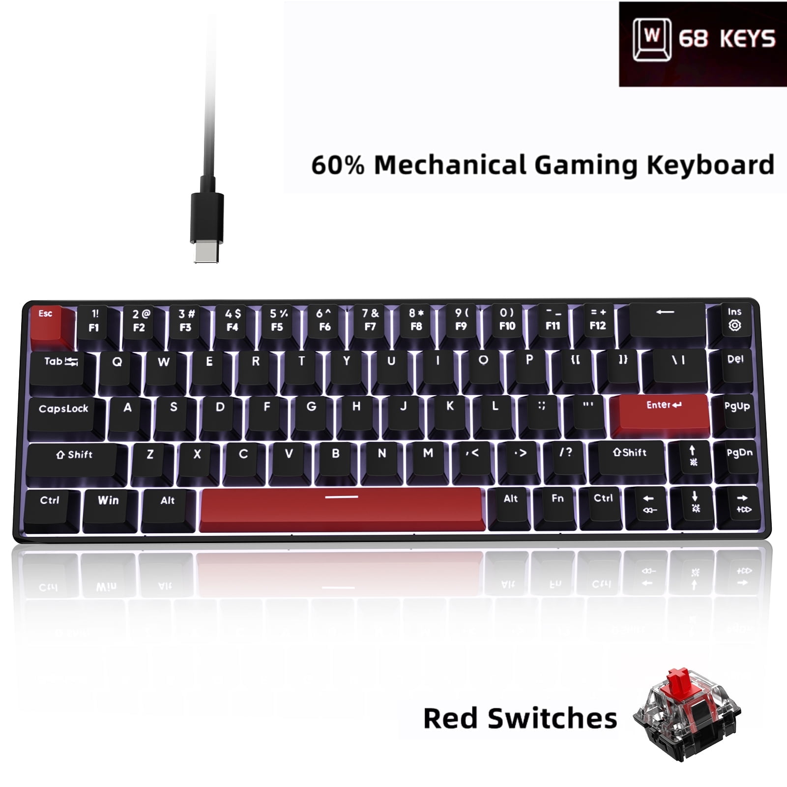 FFN 68-Key 60% Mechanical Gaming Keyboard with Red Switches-Compact ...