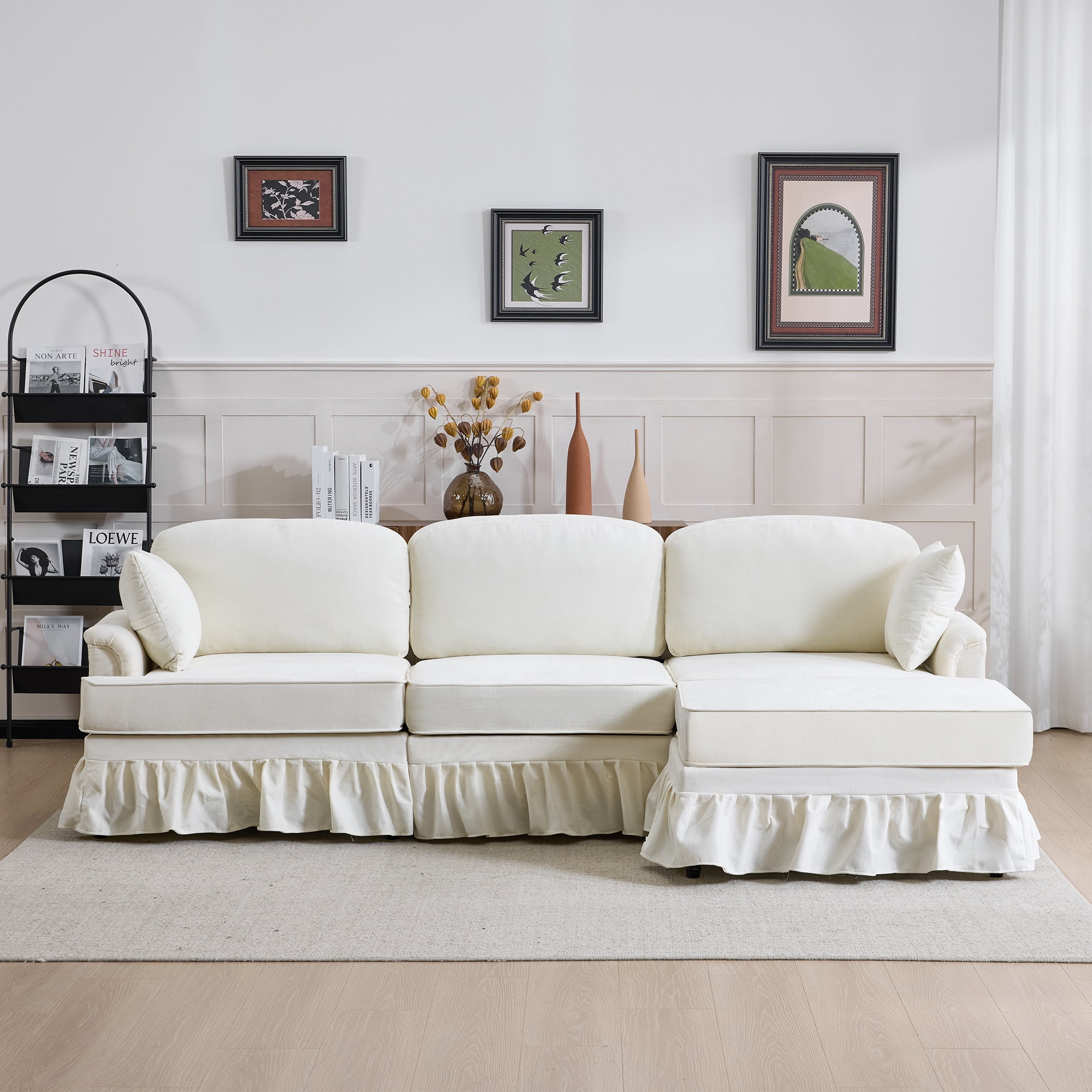 FFZ 103.15 inch Sectional Sofa with Ruffled Skirt, L-Shaped Fabric ...