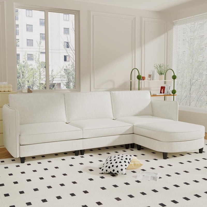 FFZ 107.8" 3-Seater Sofa, L-Shaped Couch with Storage Ottoman, Beige ...