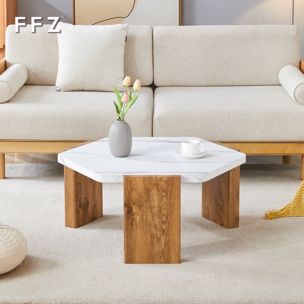 FFZ 31-Inch Modern Hexagonal Coffee Table – White Marble-Inspired ...