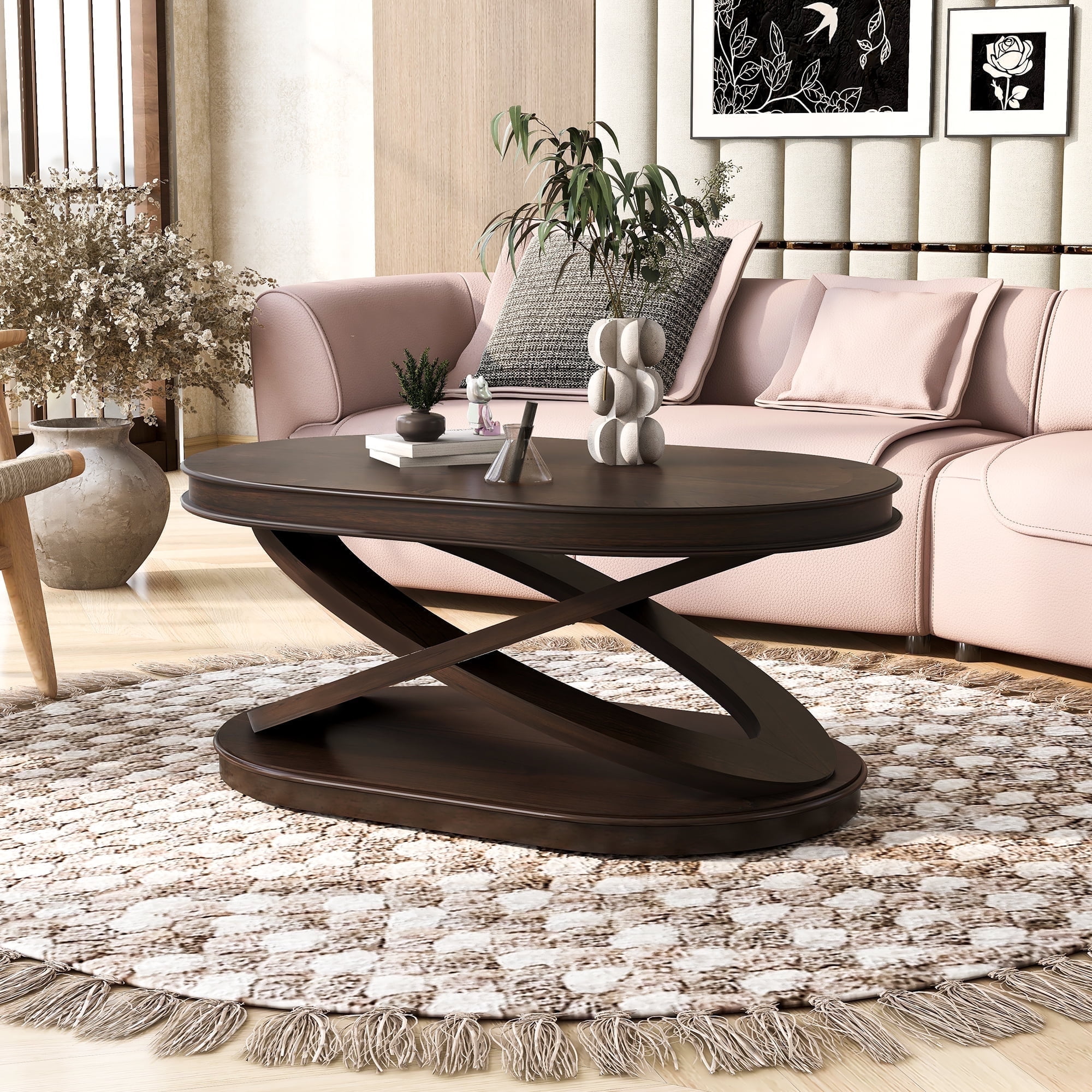 FFZ 44 Inch Wood Oval Coffee Table with X-Shaped Base,Cocktail Table with Open Storage, Sofa ...
