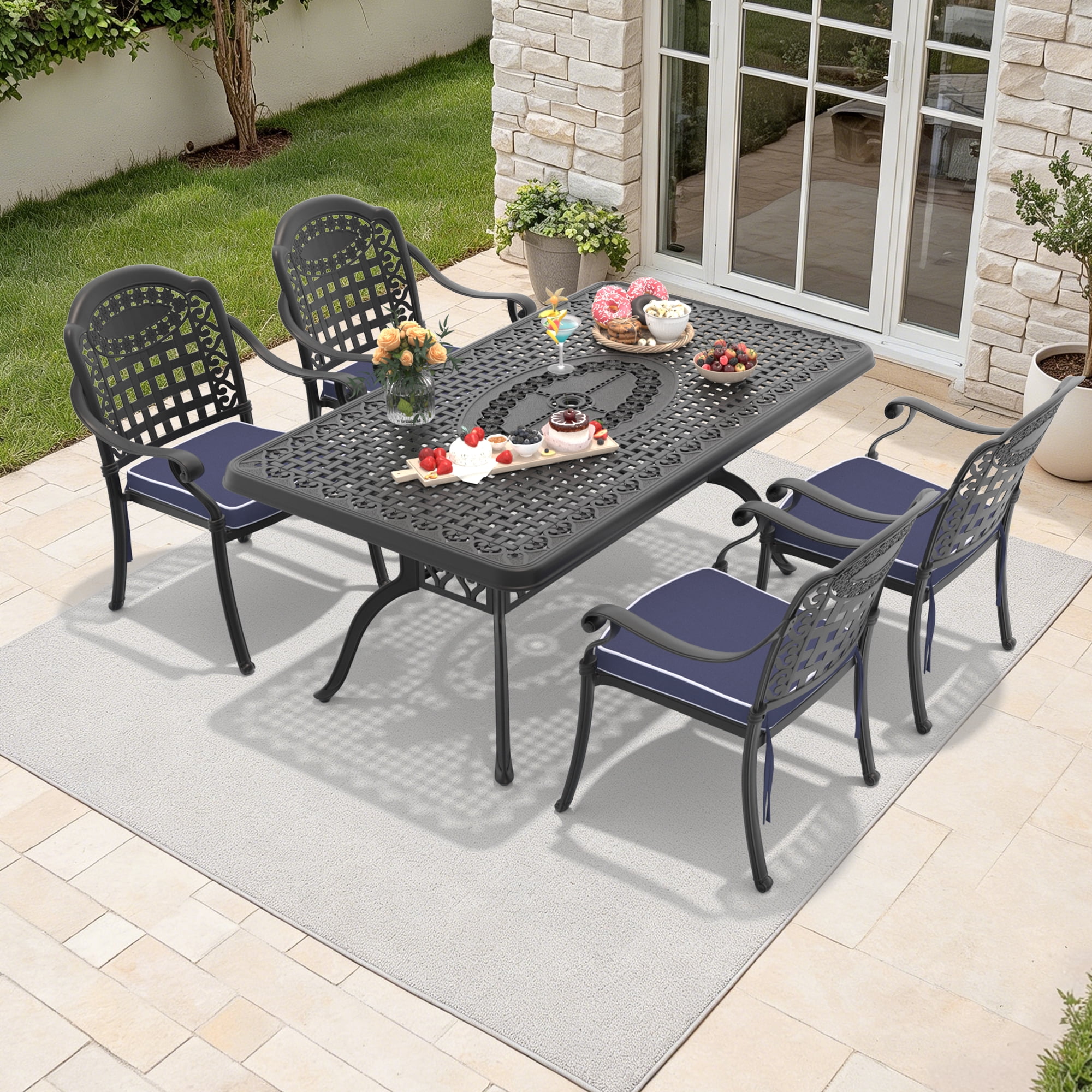 FFZ 5-Piece Cast Aluminum Patio Furniture Set with Blue Cushions for ...