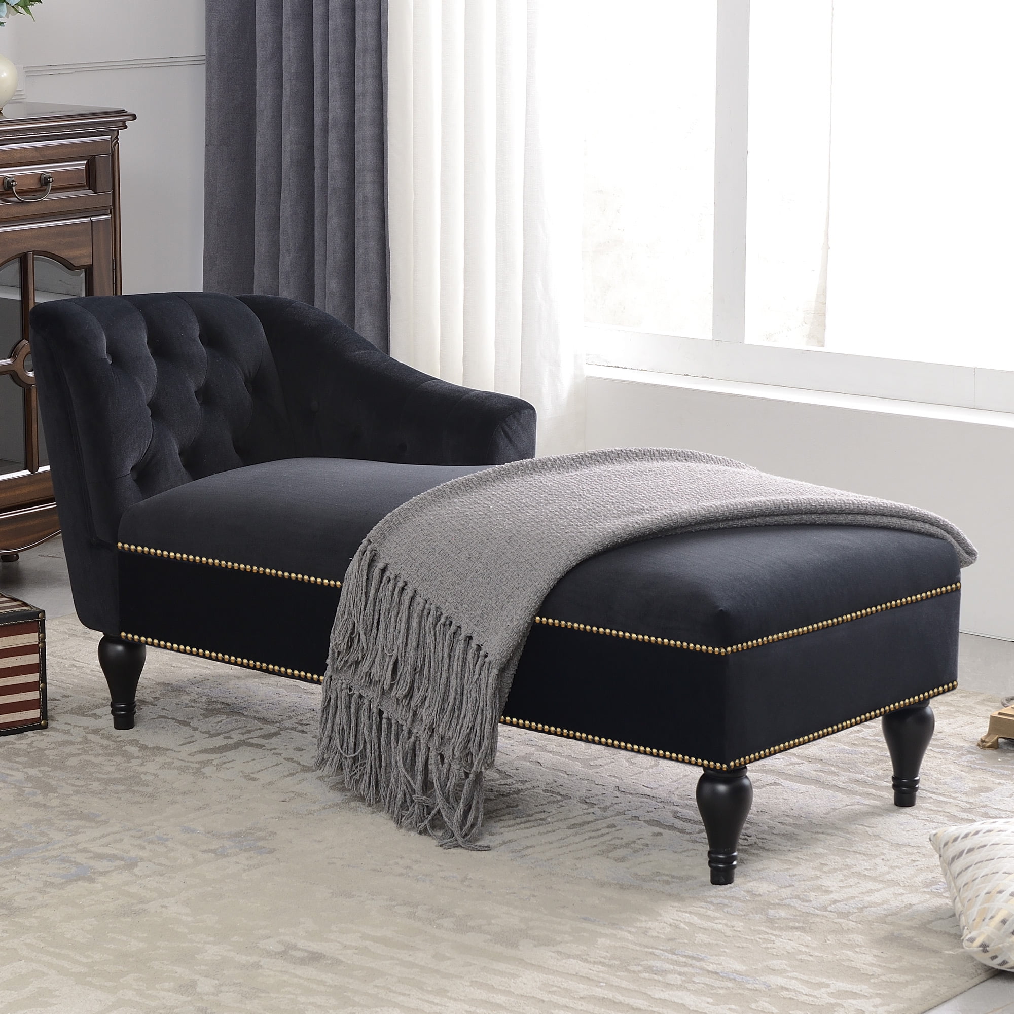 FFZ 58 inch Velvet Chaise Lounge with Button Tufting, Nailhead Trim and ...