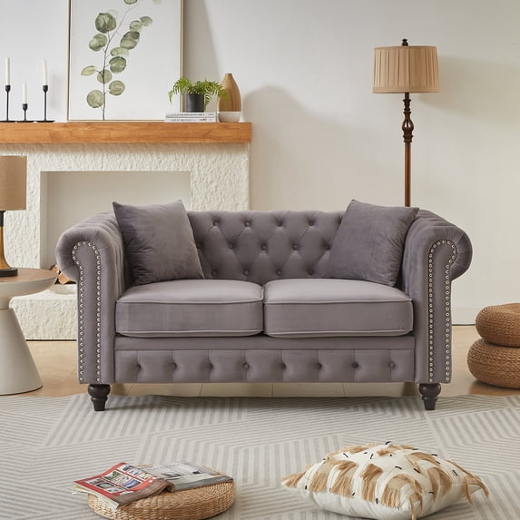 FFZ 63.5 inch Chesterfield Sofa with Button Tufting, Nailhead Trim and ...