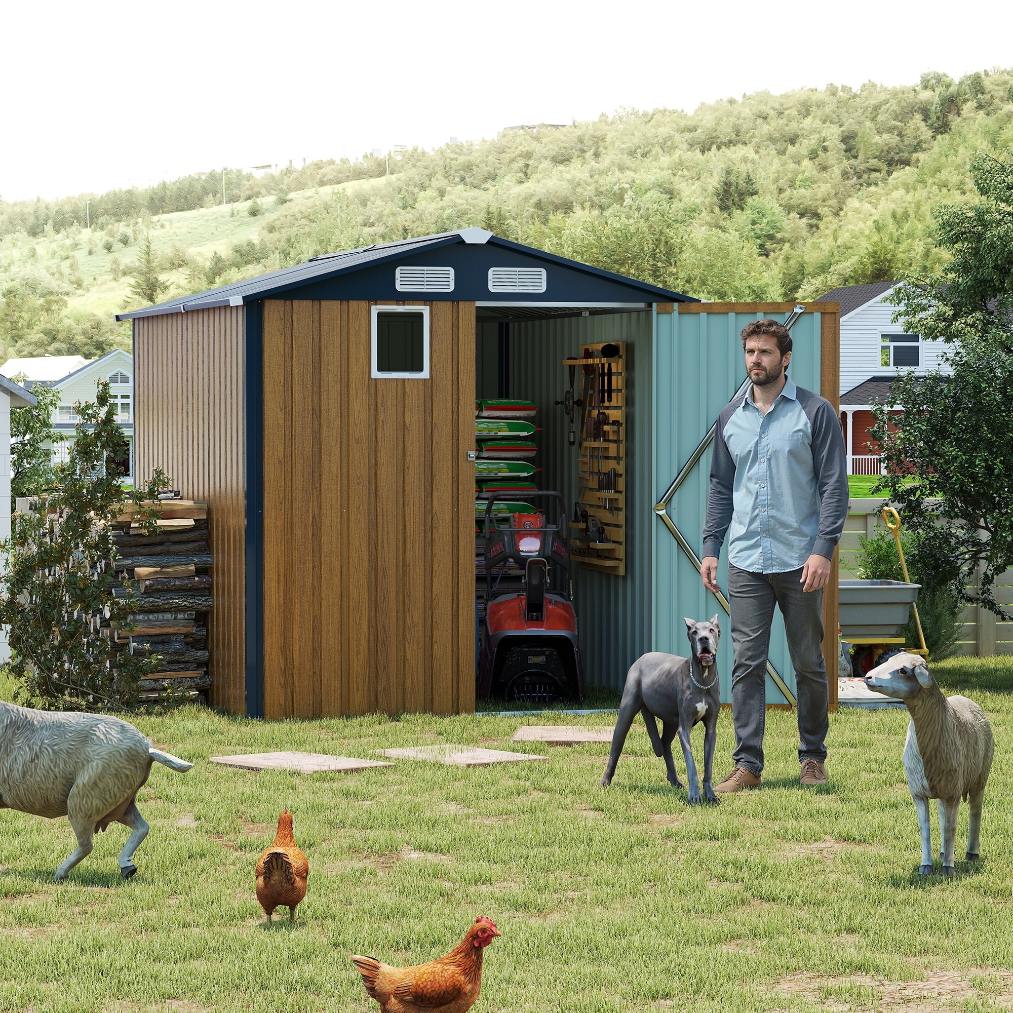 FFZ 6x8FT Outdoor Steel Storage Shed with Clear Window, Lockable Doors ...