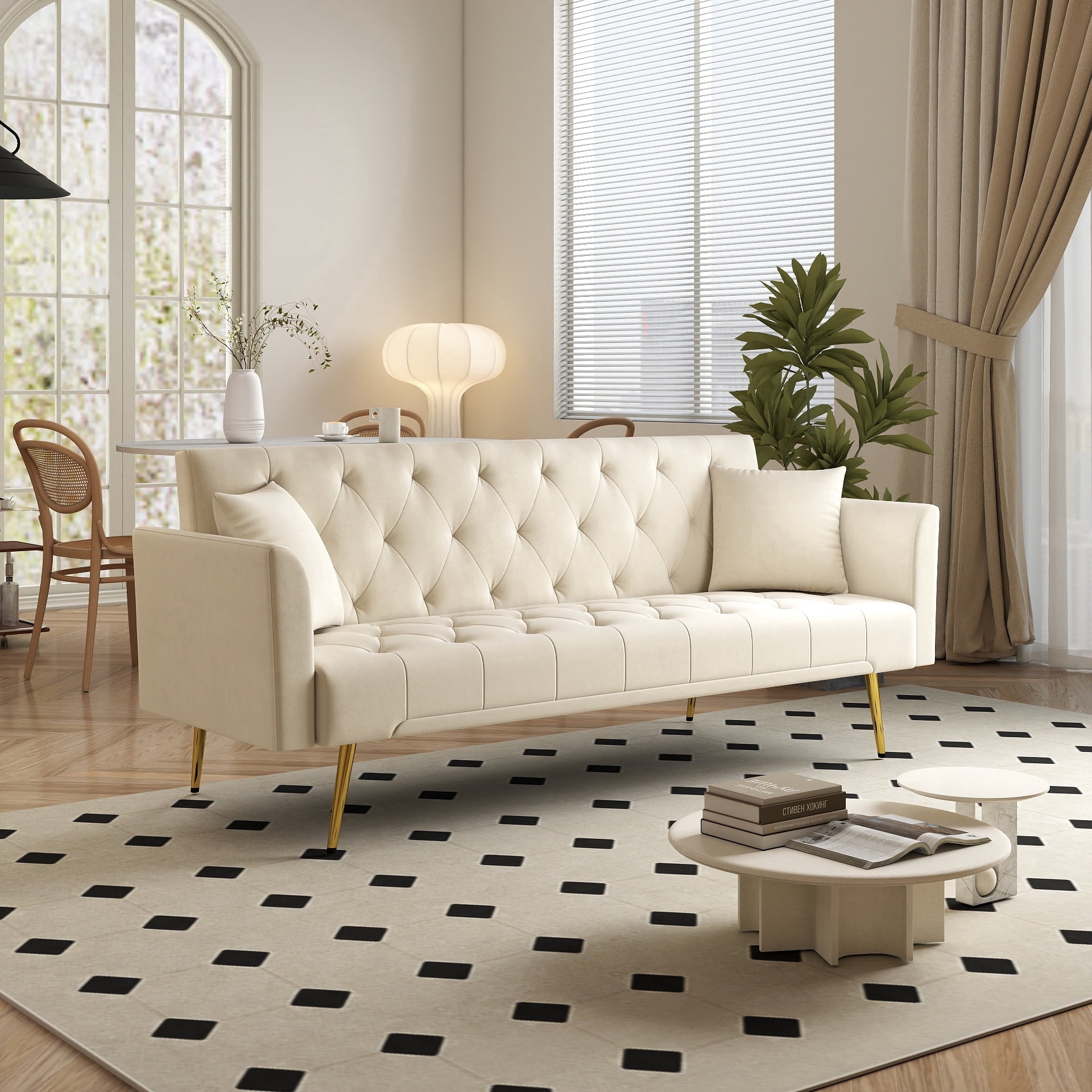 FFZ Modern Convertible Sleeper Sofa, 72" Beige Velvet, Tufted Retro for ...
