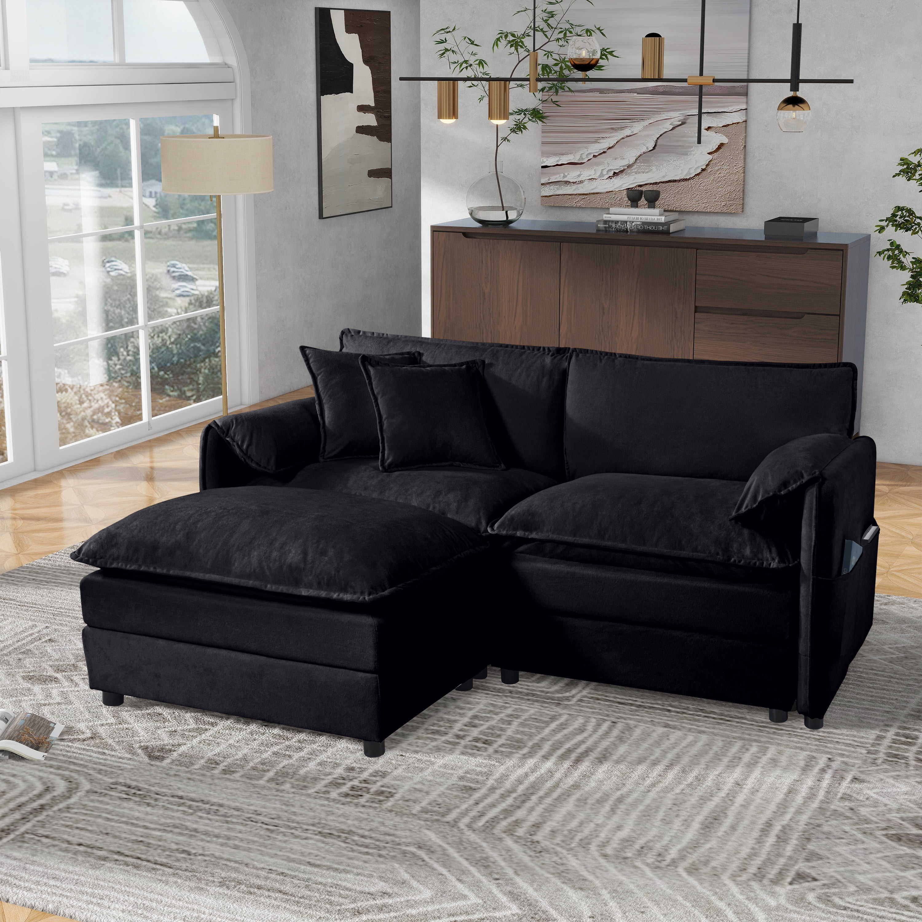 FFZ Modular Sectional Sofa, Deep Seat Chenille Loveseat with Ottoman ...