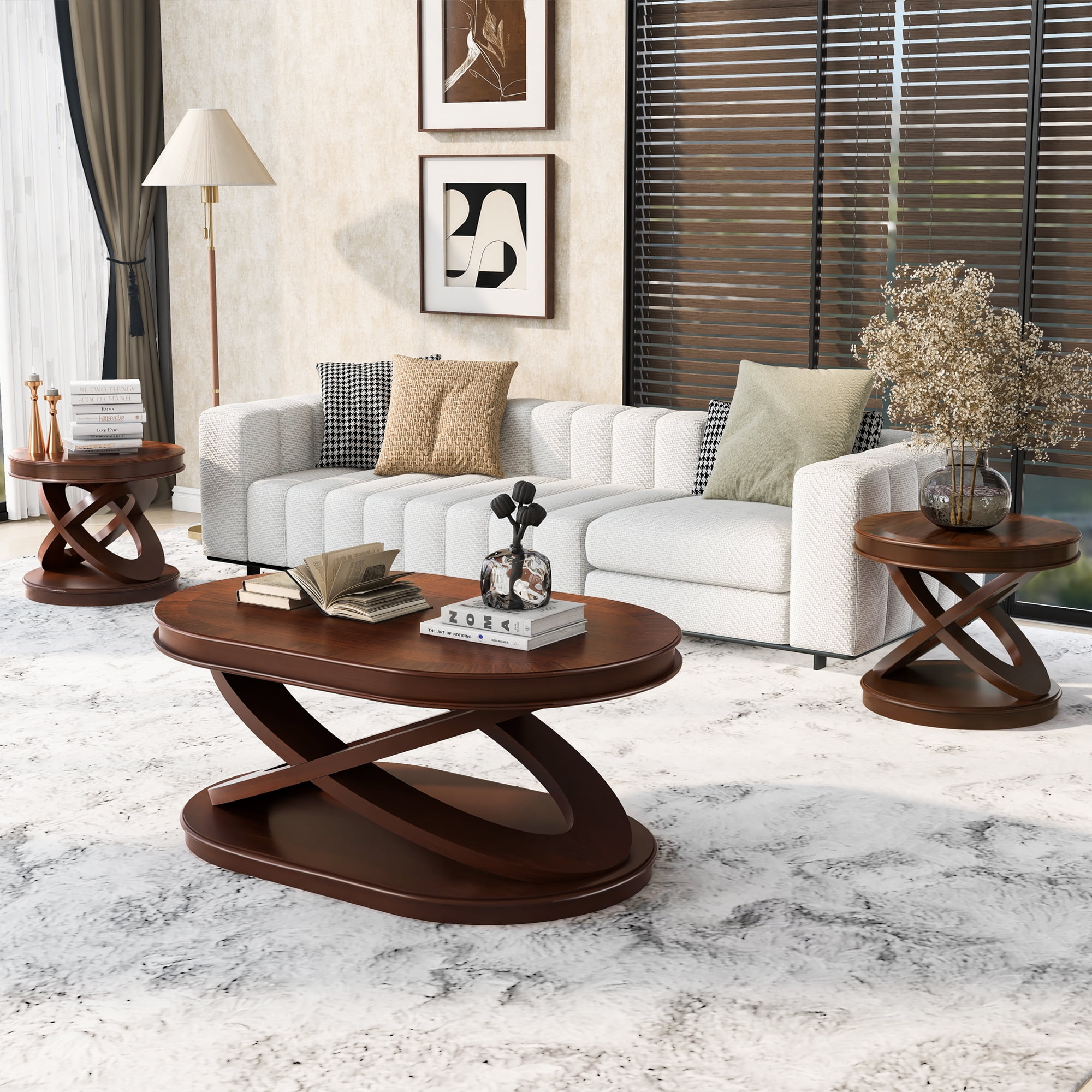 FFZ Retro Coffee Table Sets 3 Pieces, Wood Living Room Table Set ...