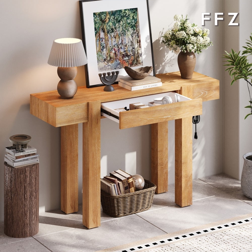 FFZ Rustic Minimalist Console Table with Hidden Drawer, Side Power ...