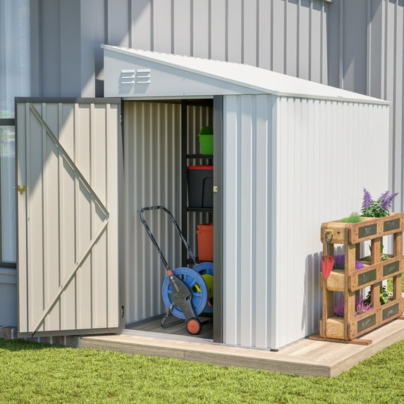 FFZ White 4' x 7' Lean-To Storage Shed, Heavy-Duty Metal Outdoor Garden ...