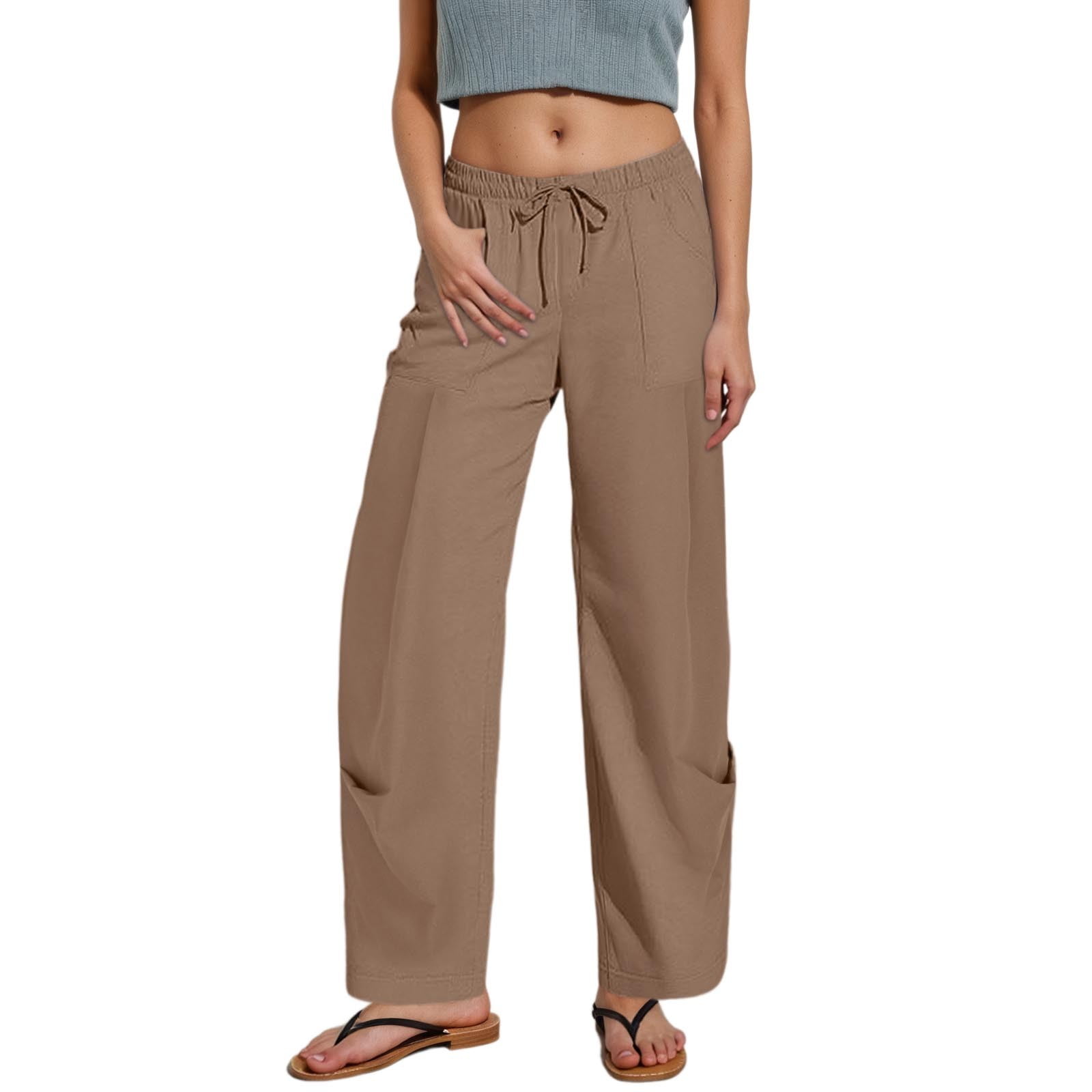 FFzzwan Linen Pants Women Casual Solid Color Loose Fit Straight Leg ...