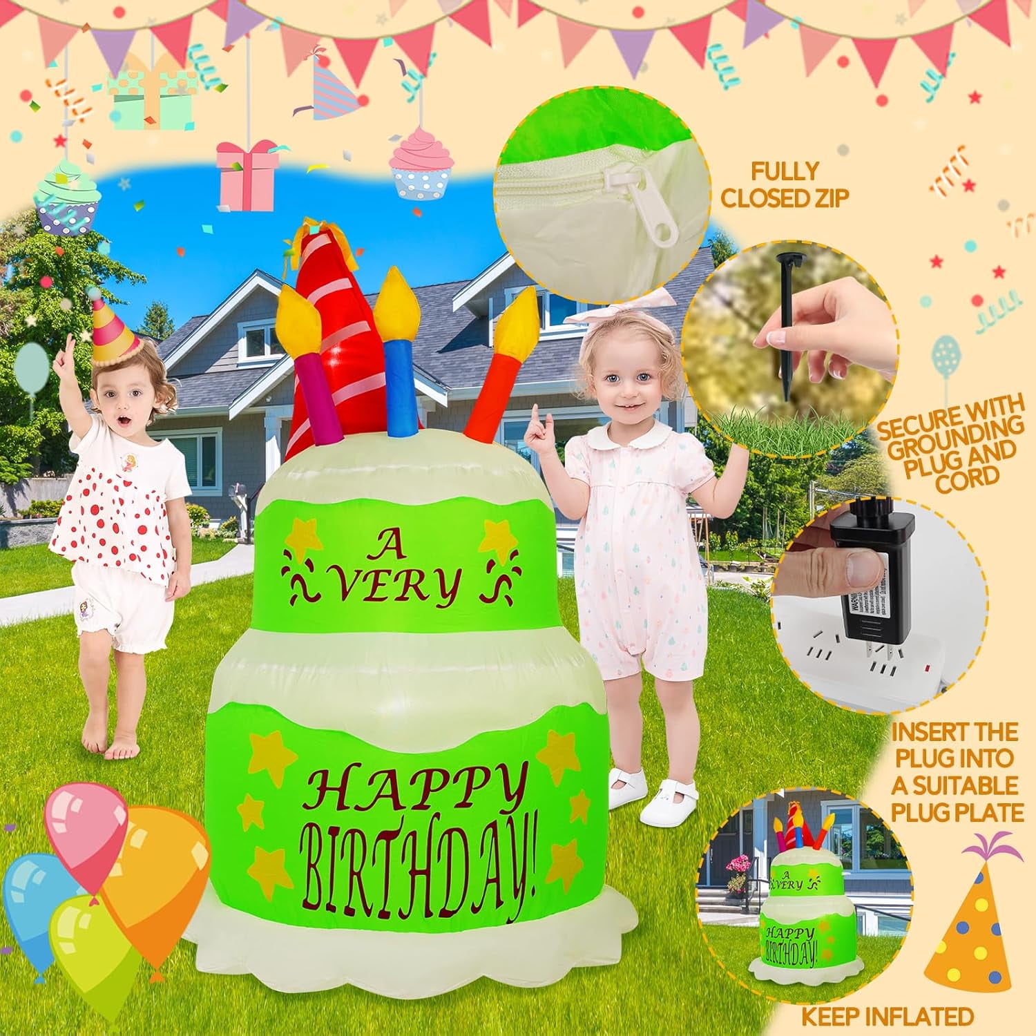 FGERFE-[2025 New] 4FT Inflatable Happy Birthday Cake Decorations, with Candles, Build-in LED ...