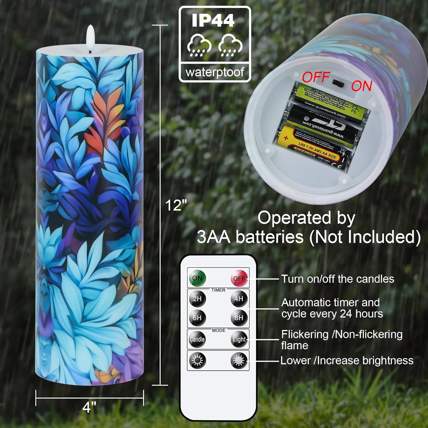 FGERFE-4" x 12" Large Waterproof Outdoor Flameless Pillar Candles with ...