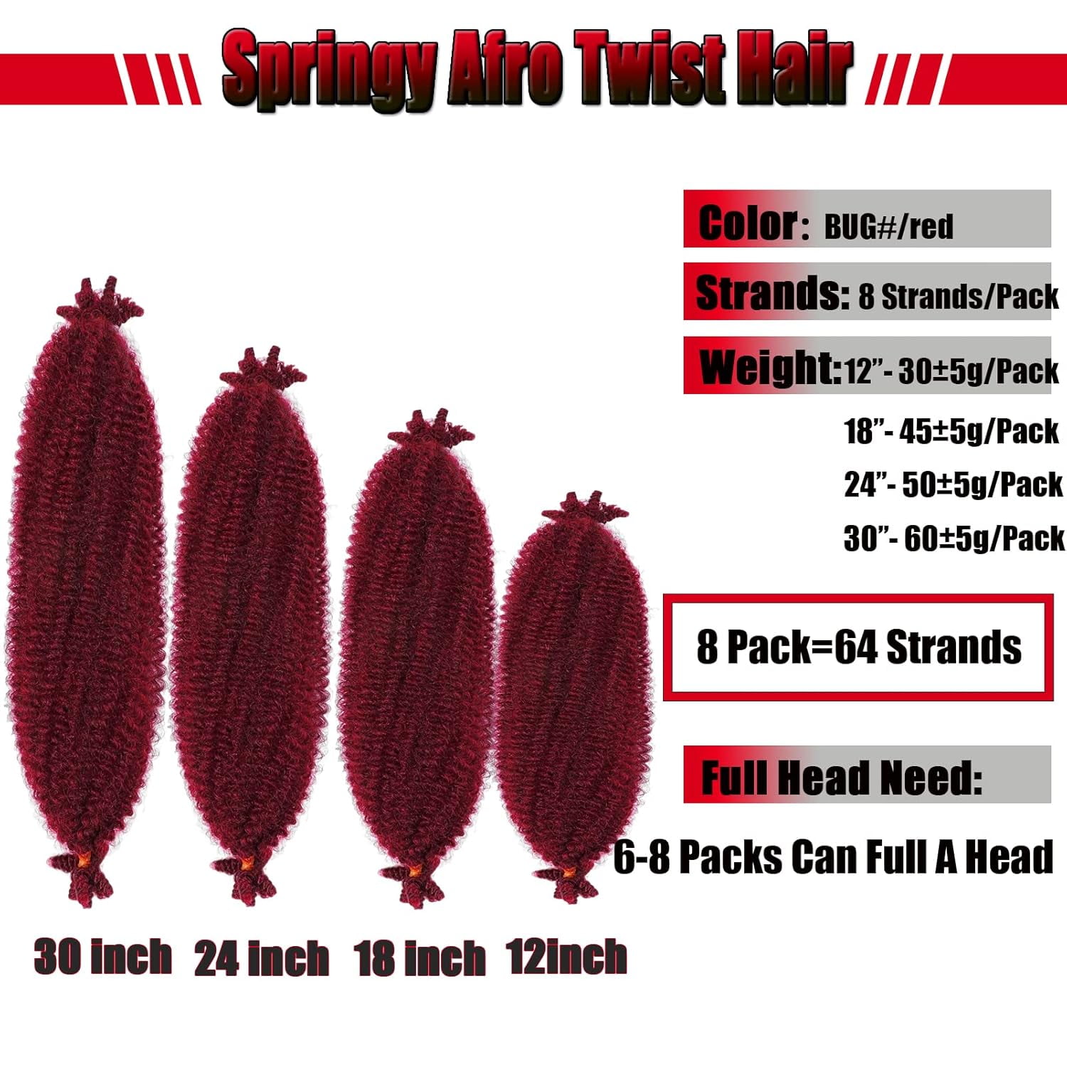 FGERFE-8 Packs Red Marley Hair 30 Inch Burgundy Springy Afro Twist Hair ...