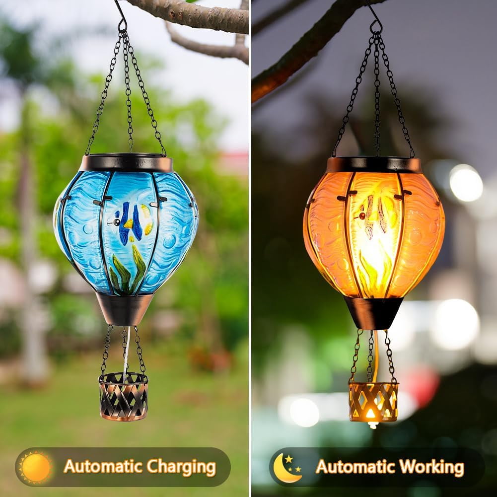FGERFE-Blue Fish Hot Air Balloon Solar Lantern with Flickering Flame ...