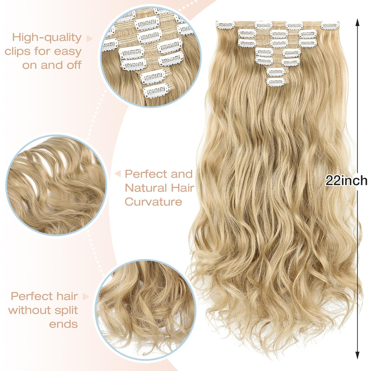 FGERFE-Clip in Hair Extensions, 22 Inch 6 PCS Natural Curly Soft ...