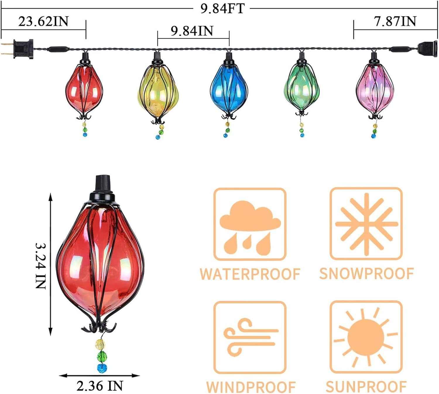 FGERFE-Multicolor Outdoor String Lights with 10 Bulbs Connectable ...