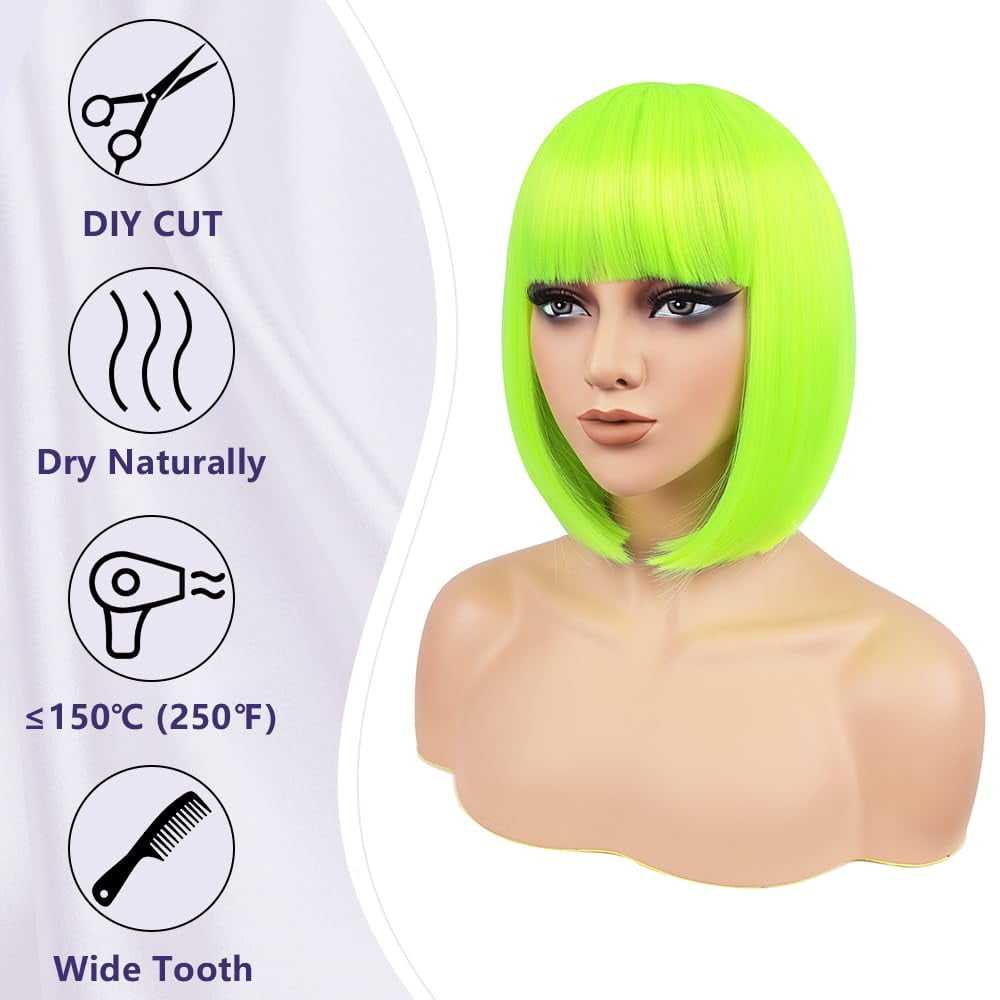 FGERFE-Neon Green Bob Wig for Women Short Bob Straight Wigs Flat Bangs ...