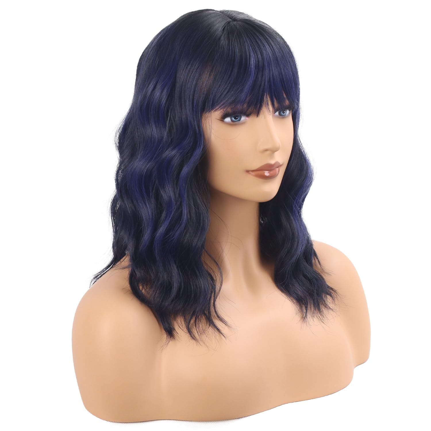 FGERFE-Short Blue Wavy Bob Wig with Bangs Dark Blue Curly Wavy Wigs for ...