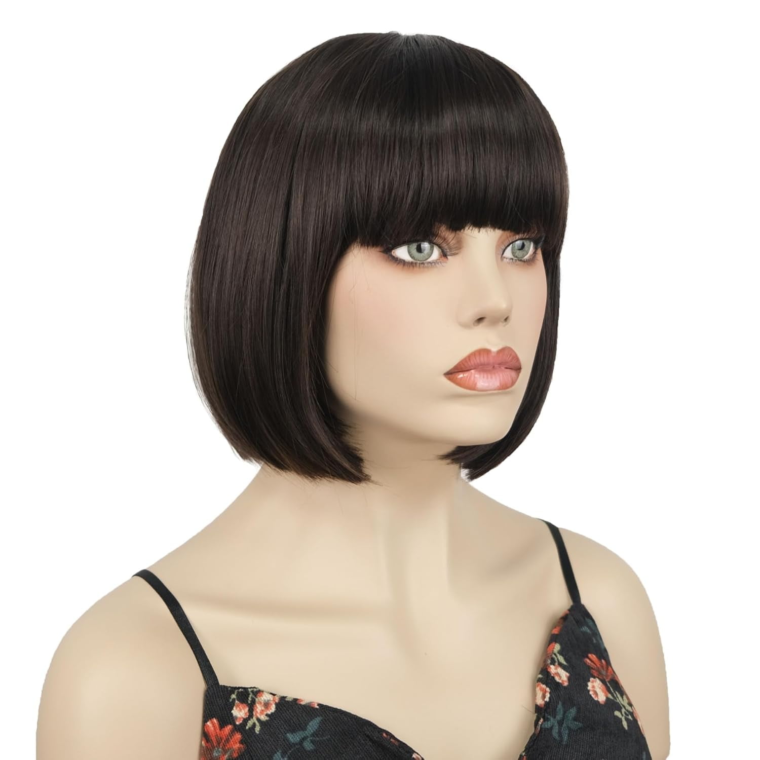 FGERFE-Short Straight Bob Wig Cute Flat Bangs Synthetic Full Women Wigs ...