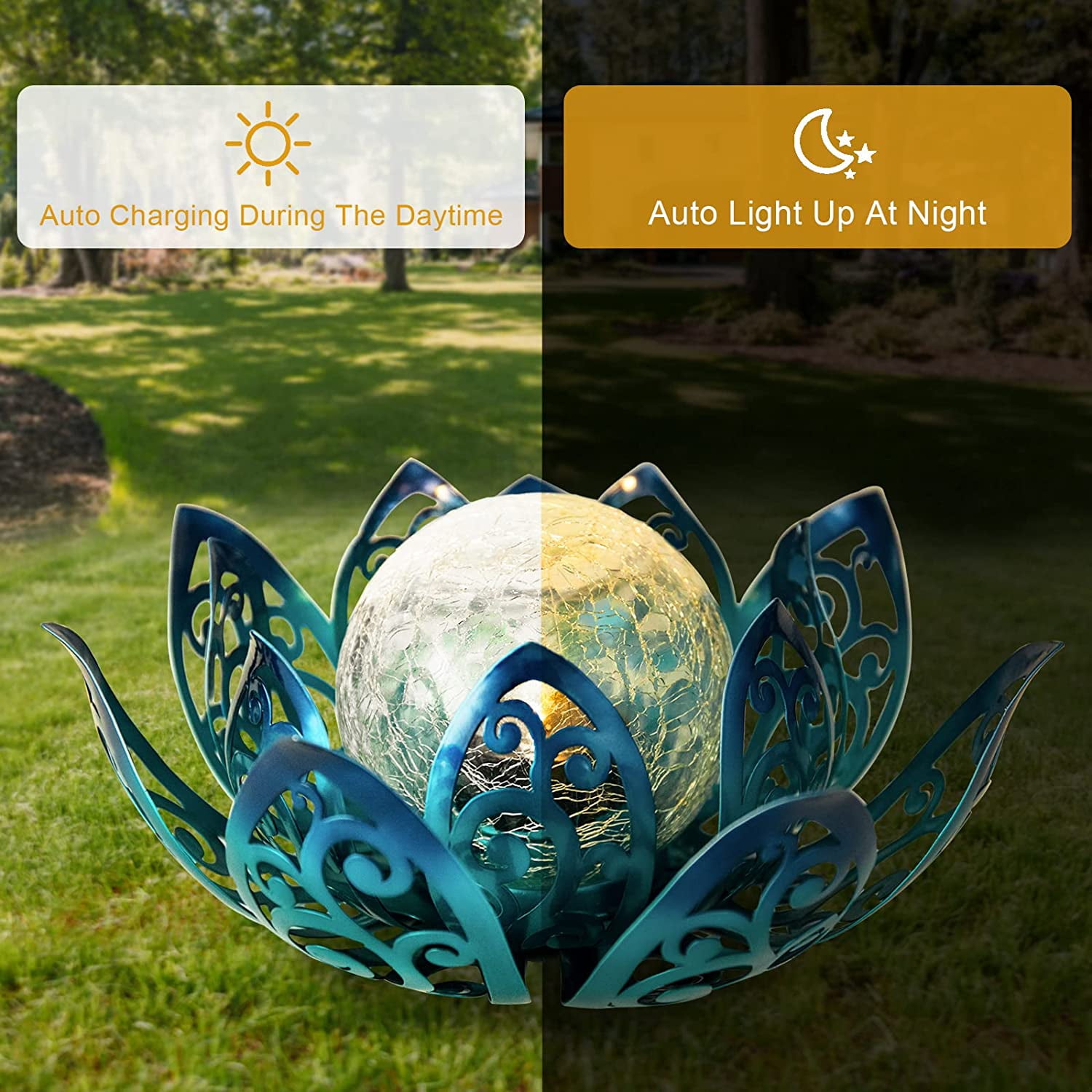 FGERFE-Solar Outdoor Garden Lotus Decorative Light, Waterproof Metal ...