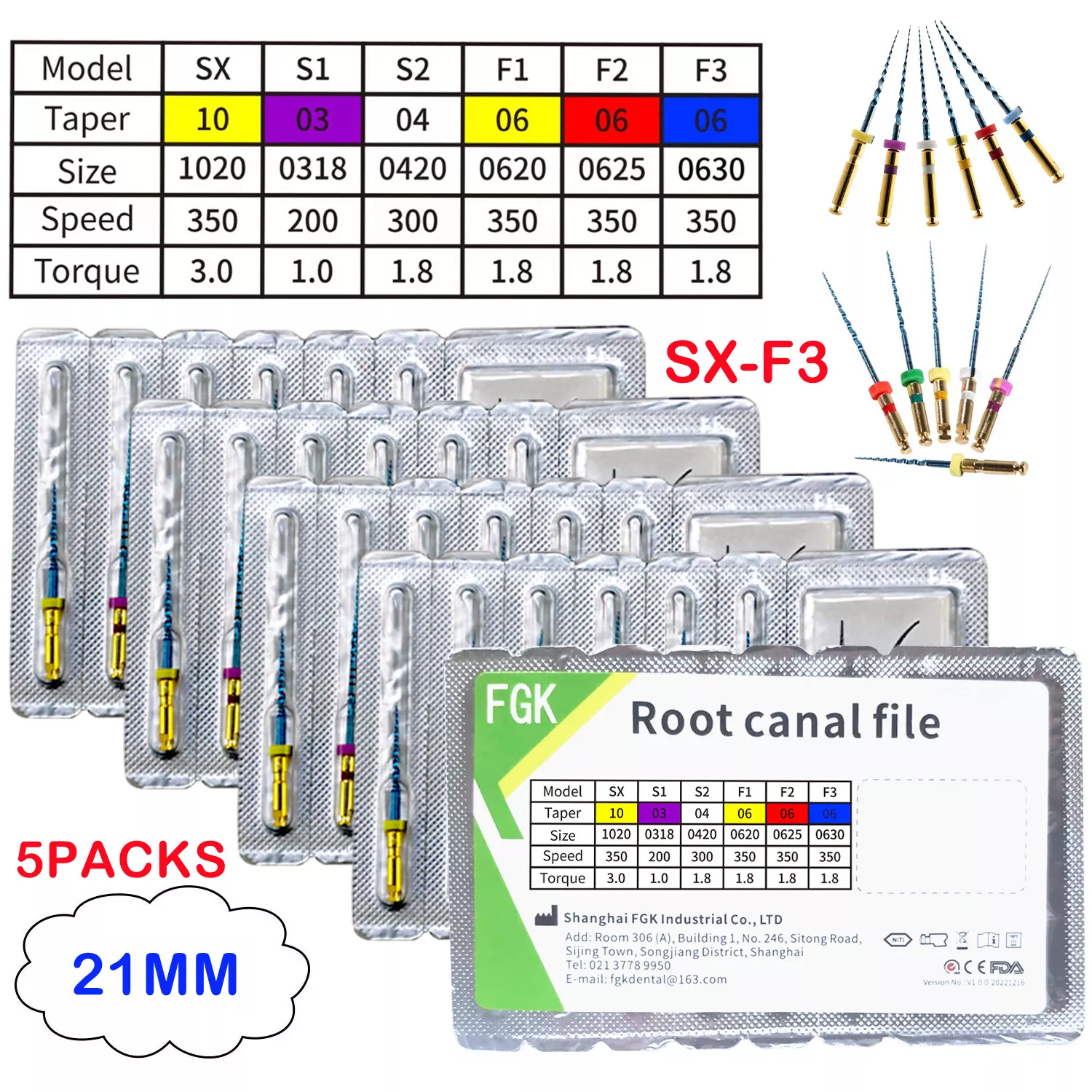 FGK 5Packs x 6PC Heat Memory Dental Endo Files NITI Rotary V Blue Files Engine Use Root Canal SX ...