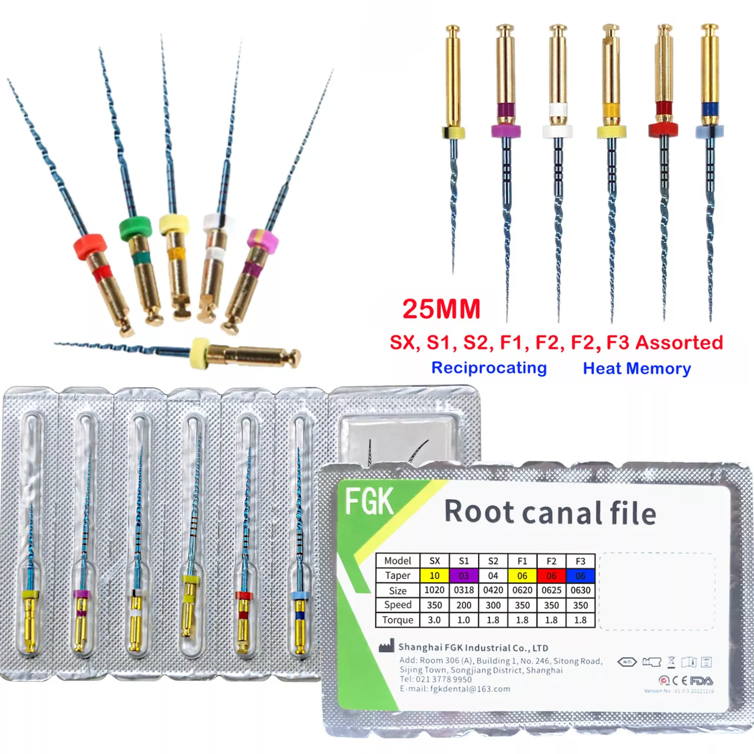 FGK 6PC Heat Memory Dental Endo Files NITI Rotary V Blue Files Engine Use Root Canal SX-F3 ...