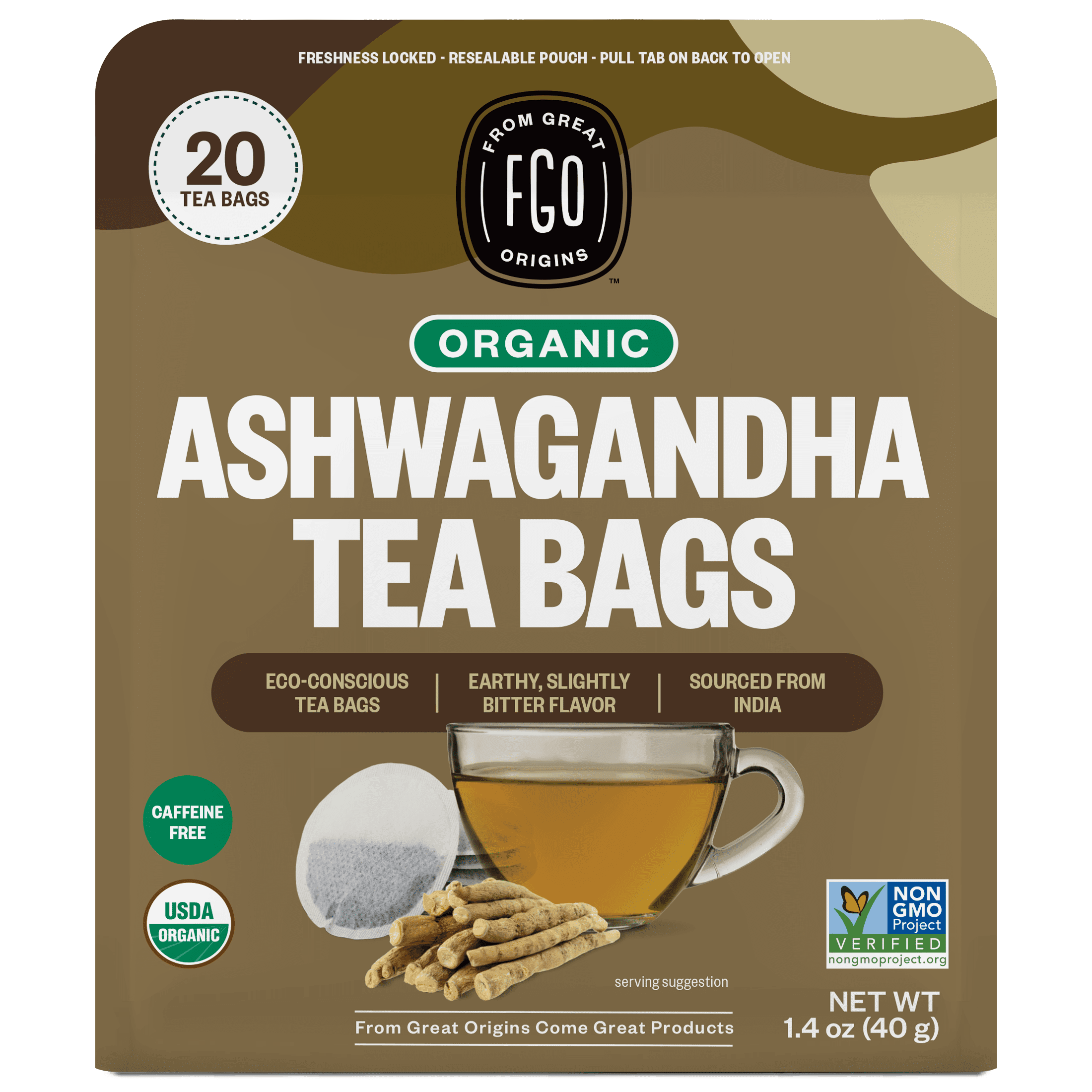FGO Ashwagandha Tea Bags 20 Count, Herbal Tea with Earthy Flavor, Eco ...