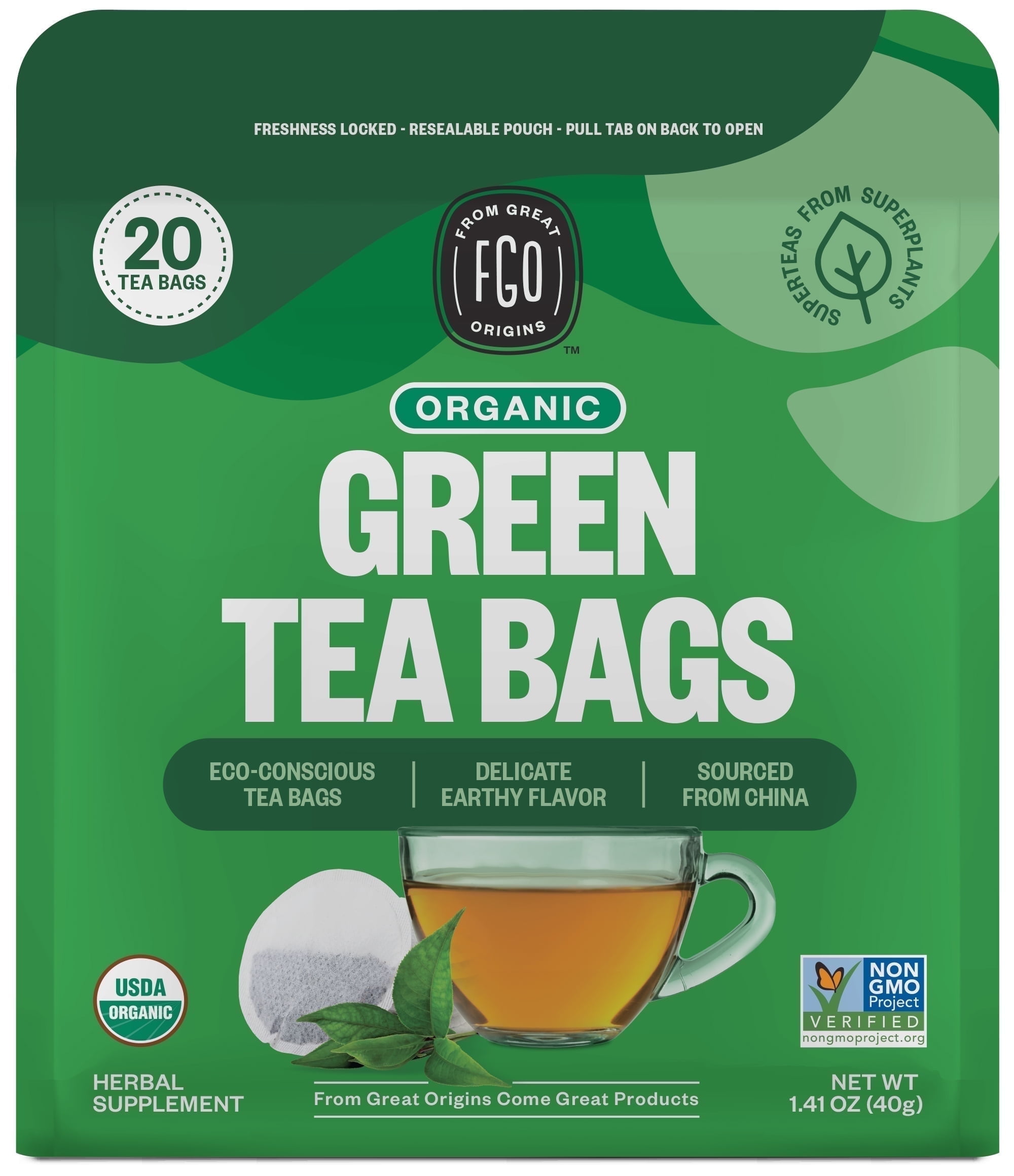 FGO Green Tea, Organic, Eco-Conscious Tea Bags (20 Count) - Walmart.com