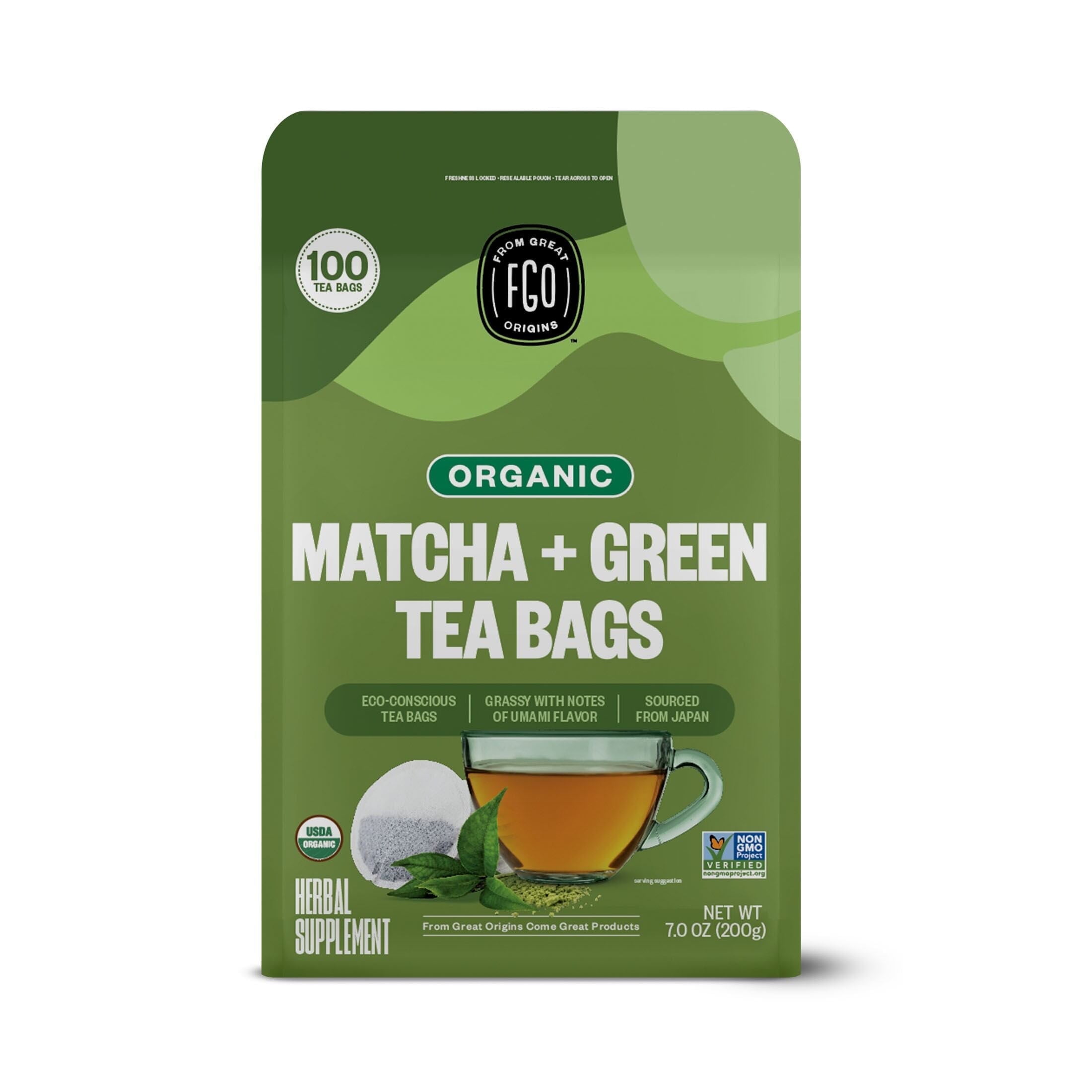 FGO Matcha + Green Tea, Organic, Eco-Conscious Tea Bags (100 Count ...
