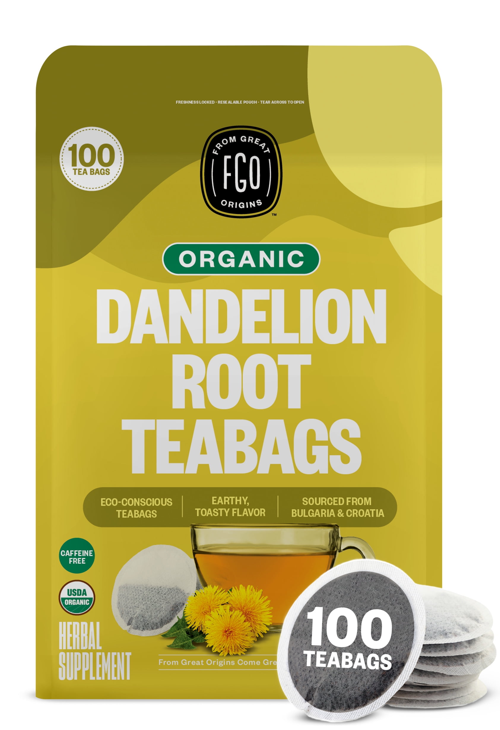 FGO Organic Roasted Dandelion Root Tea, Eco-Conscious Tea Bags, 100 ...