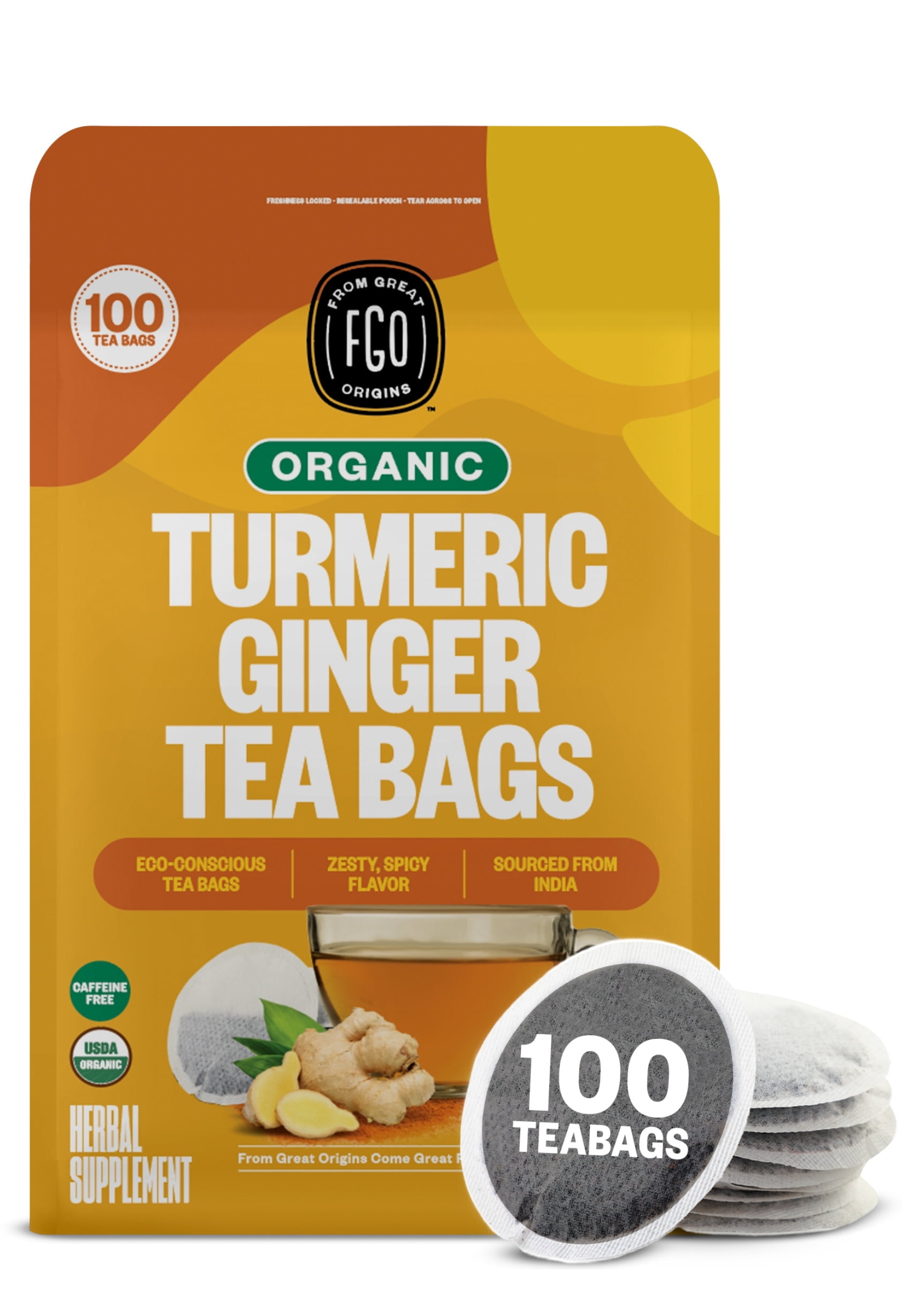 FGO Organic Turmeric Ginger Tea, Eco-Conscious Tea Bags, 100 Count ...