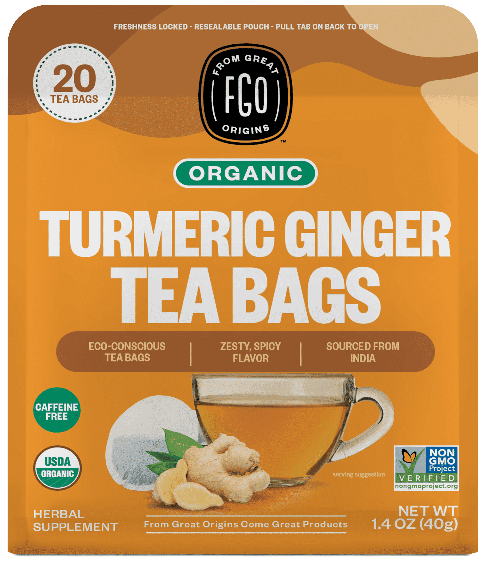 FGO Organic Turmeric Ginger Tea Bags 20 Count, Caffeine-Free Herbal Tea ...