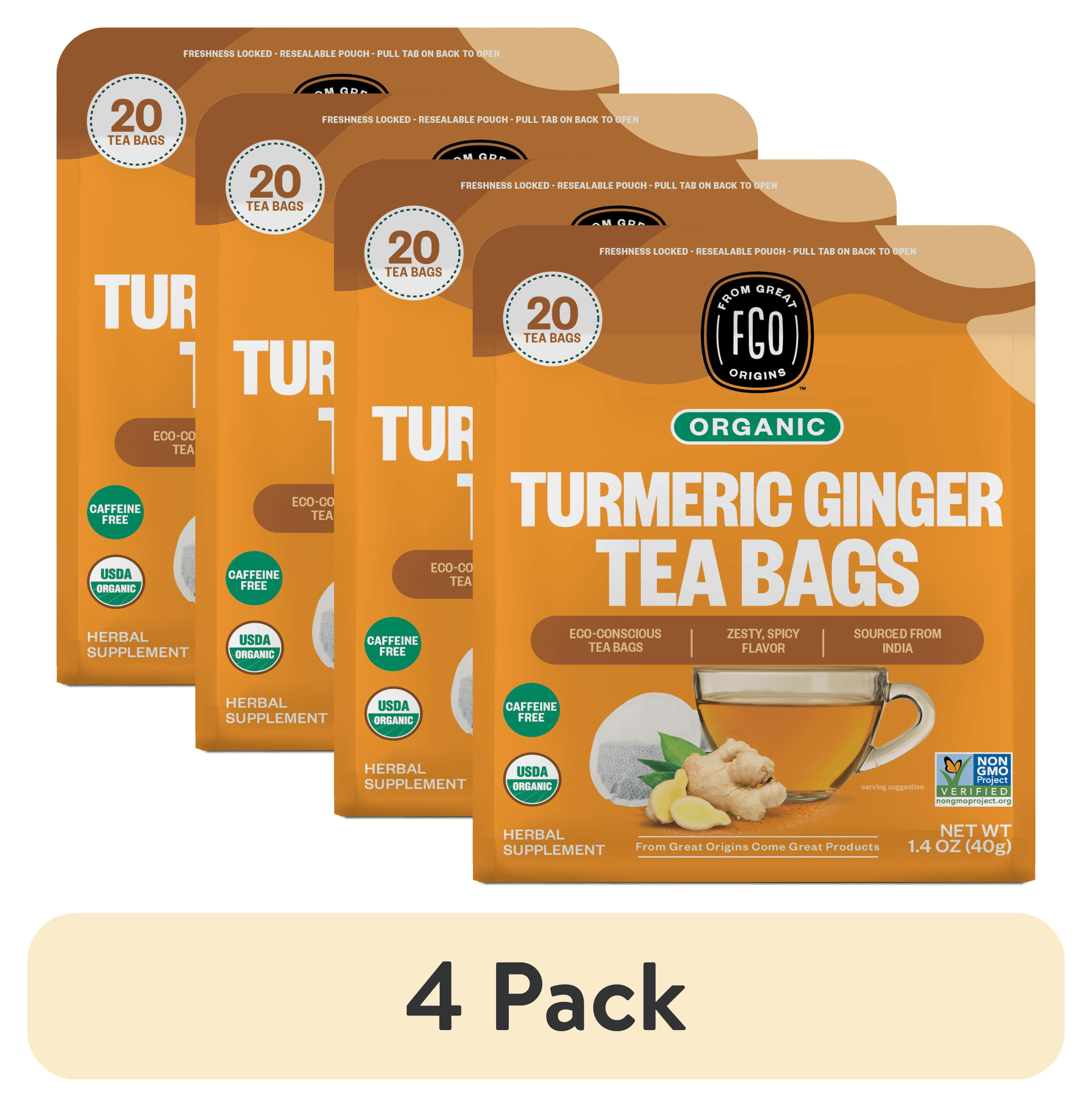 (4 pack) FGO Organic Turmeric Ginger Tea, Eco-Conscious Tea Bags, 20 ...