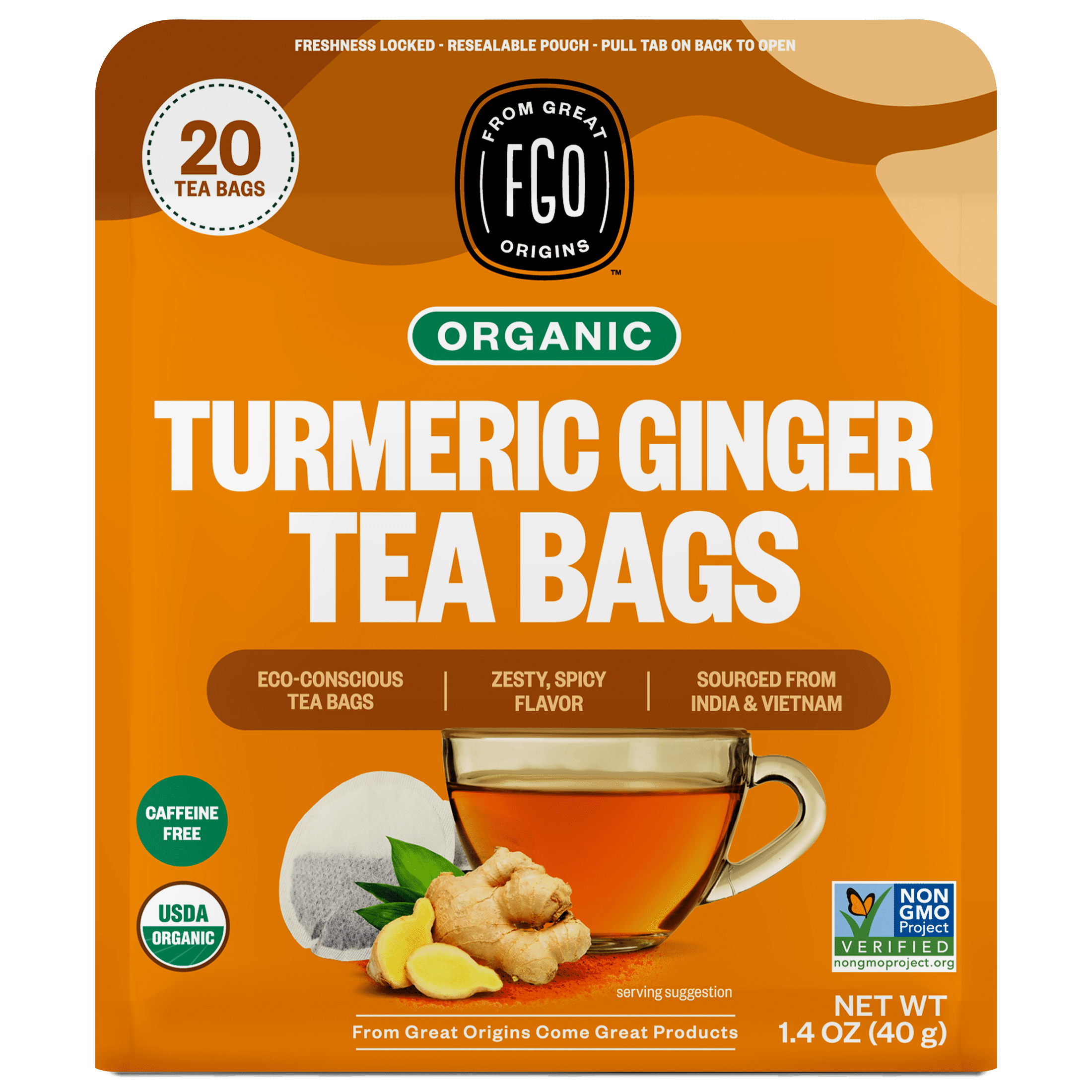 FGO Turmeric Ginger Tea, Organic, Eco-Conscious, 20 Tea Bags - Walmart ...